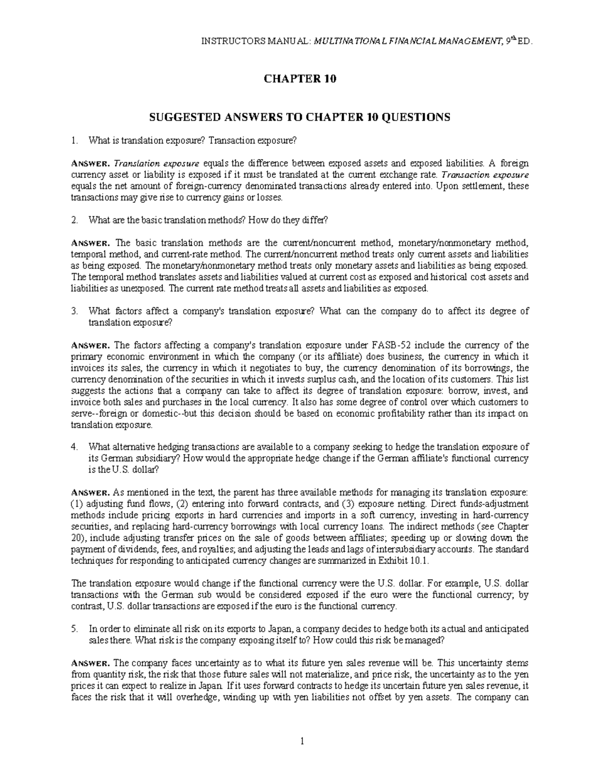 Chapter 10 suggested answers to chapter 10 questions - INSTRUCTORS MANUAL: MULTINATIONAL ...