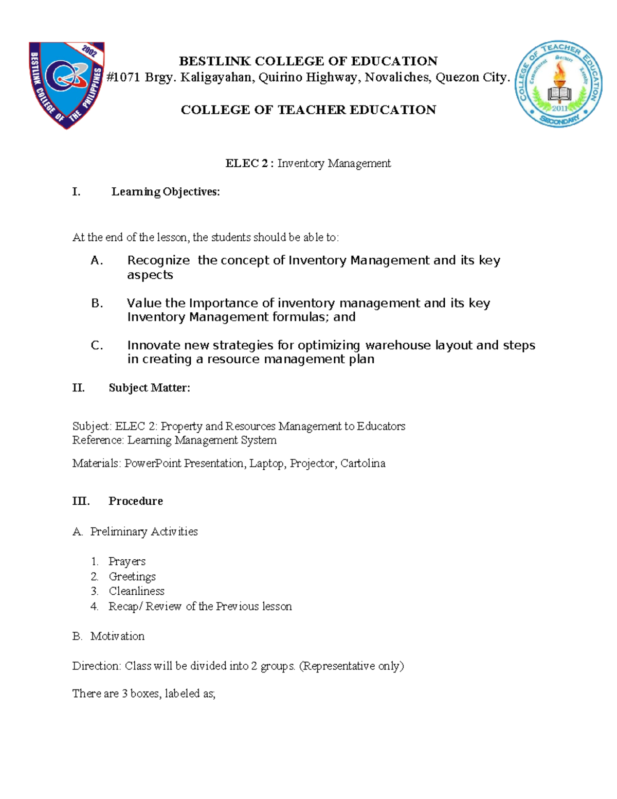 PED10 LP - Lesson Plan - #1071 Brgy. Kaligayahan, Quirino Highway ...