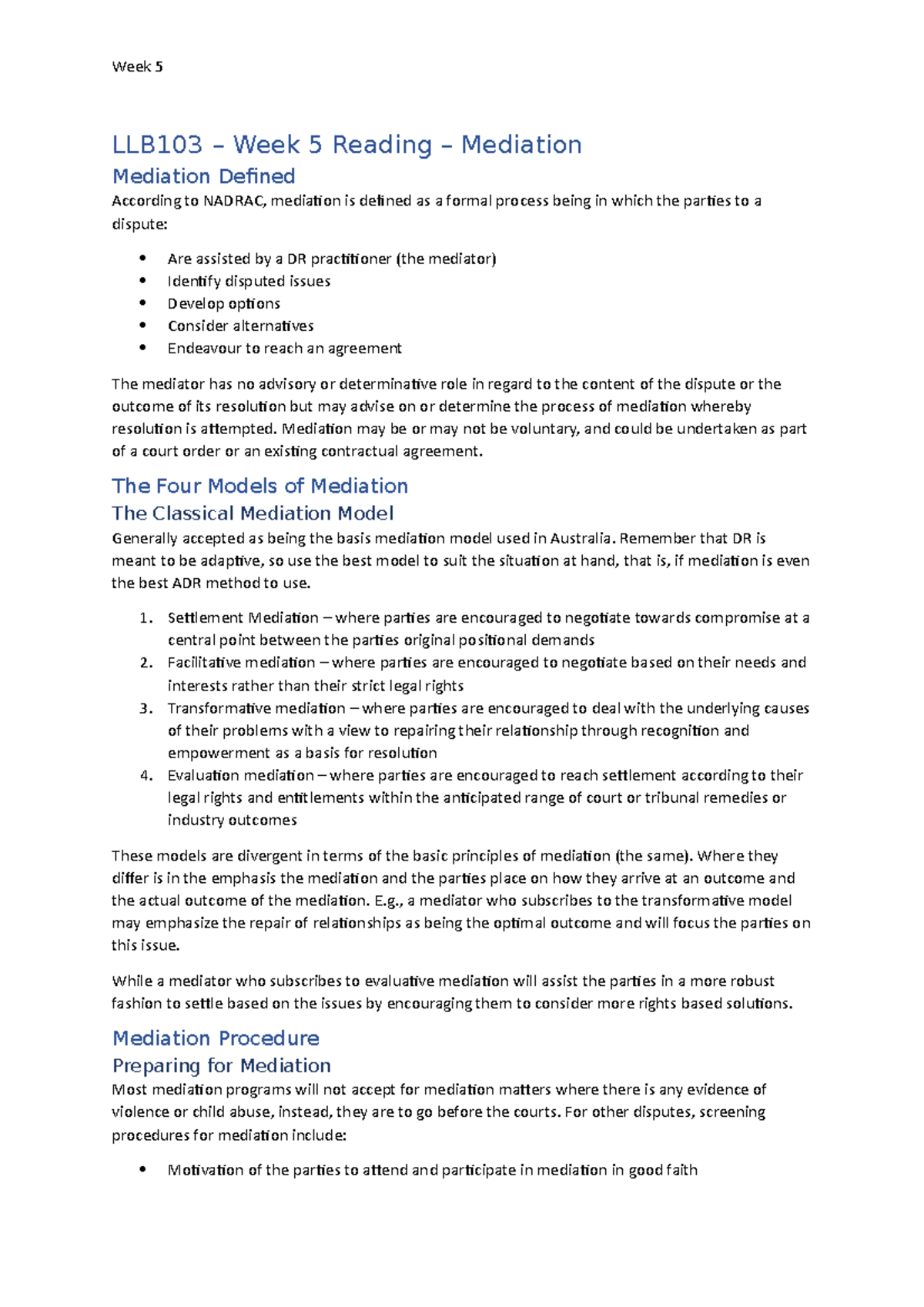 LLB103 - Week 5 Reading - Lecture notes 5 - Week 5 LLB103 – Week 5 ...