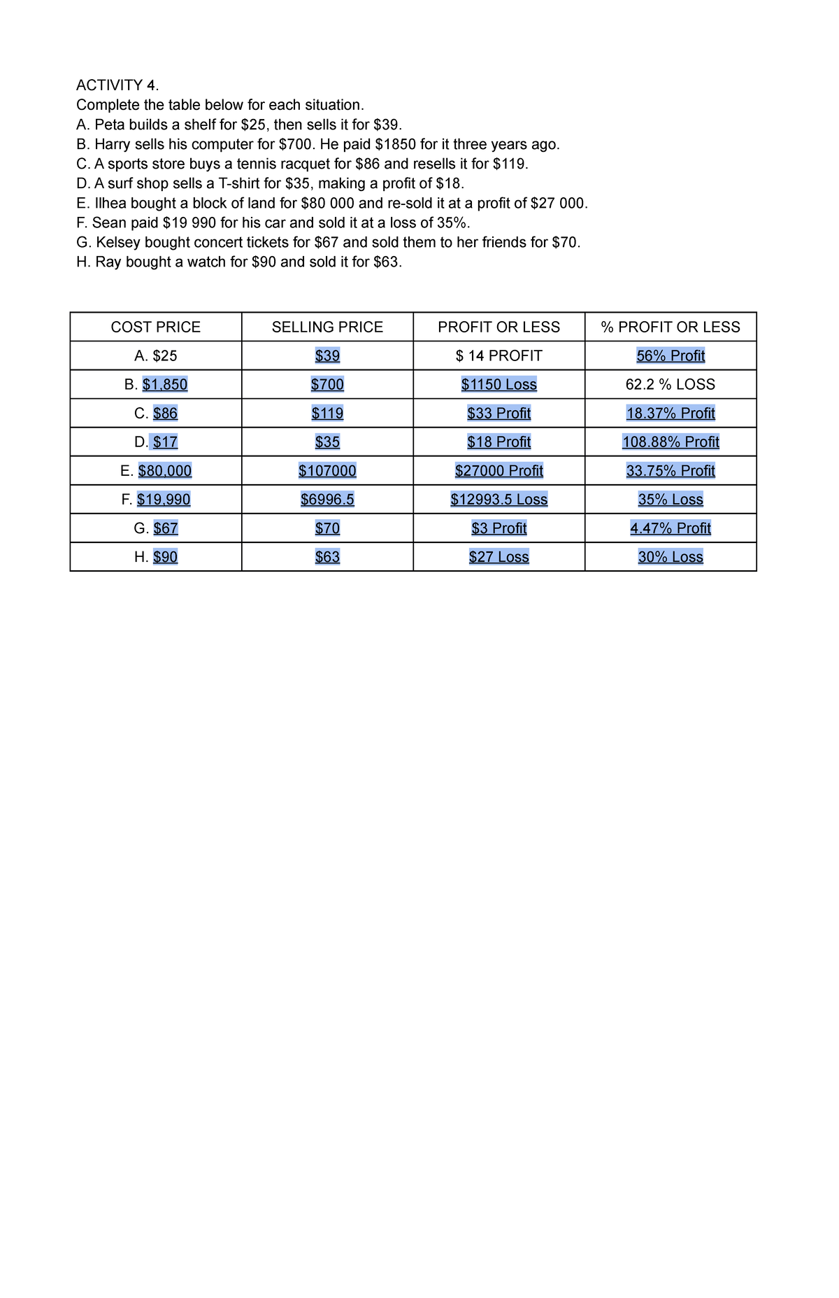 Activity 4 - Math - ACTIVITY 4. Complete the table below for each ...