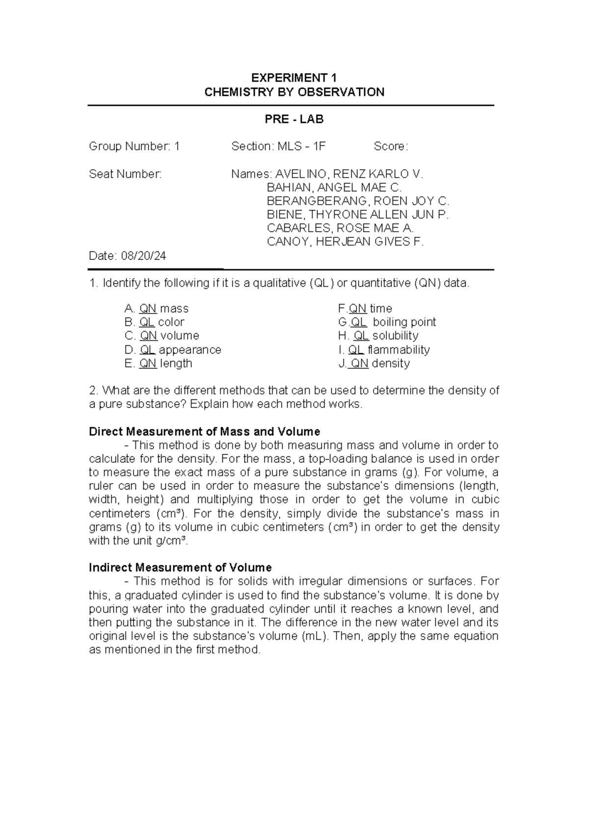 Experiment 1 Group 1 - EXPERIMENT 1 CHEMISTRY BY OBSERVATION PRE - LAB ...