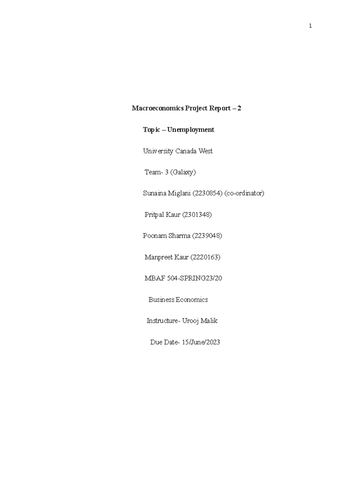 Macroeconomics Project Report 2 504 - MBAF 504 - UCW - Studocu