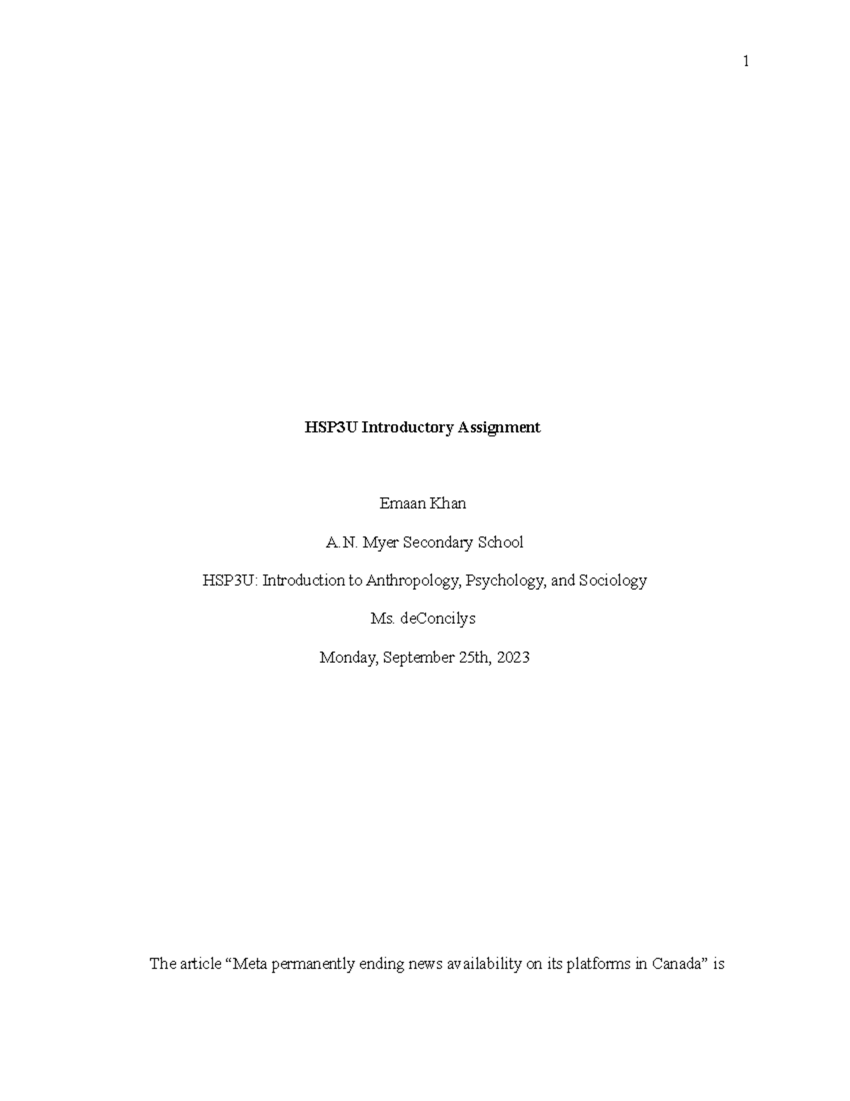 HSP3U Introductory Assignment - Social Science - HSP3U Introductory ...