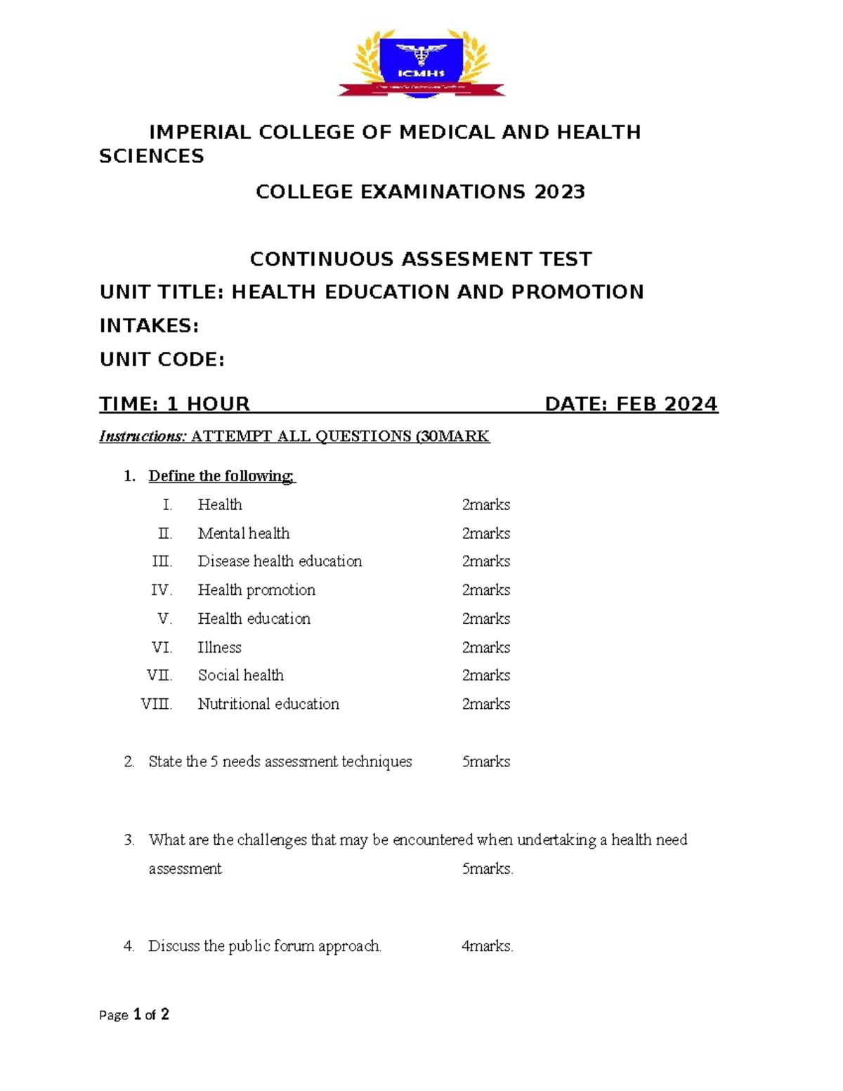 Health promotion - h - IMPERIAL COLLEGE OF MEDICAL AND HEALTH SCIENCES ...