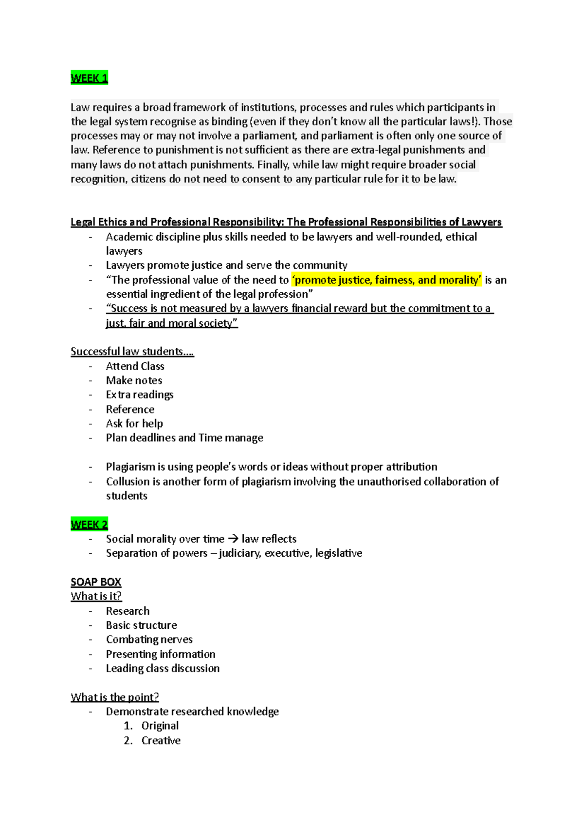 Lecture Notes - WEEK 1 Law requires a broad framework of institutions ...