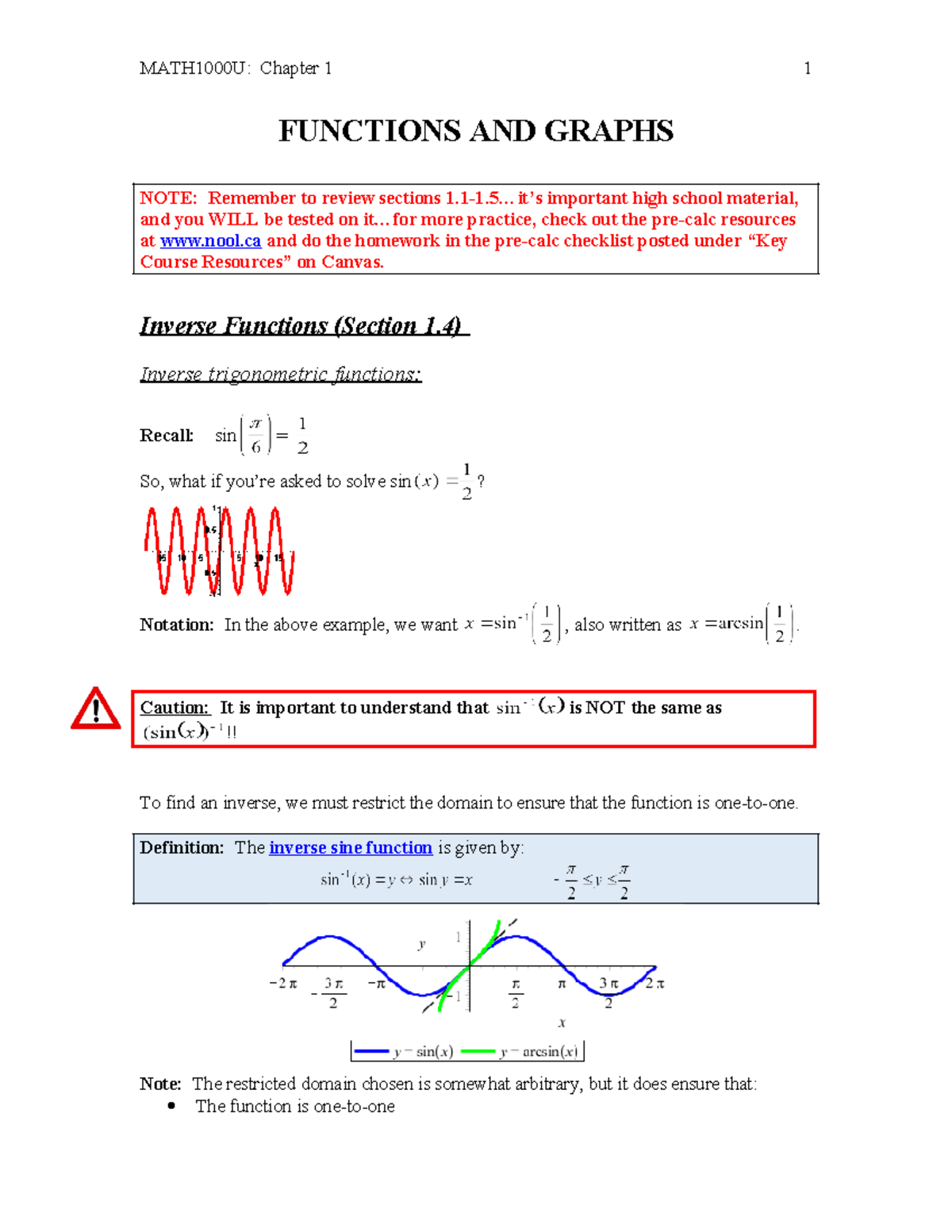 Mod0a invtrig - summary math - MATH1000U: Chapter 1 FUNCTIONS AND ...