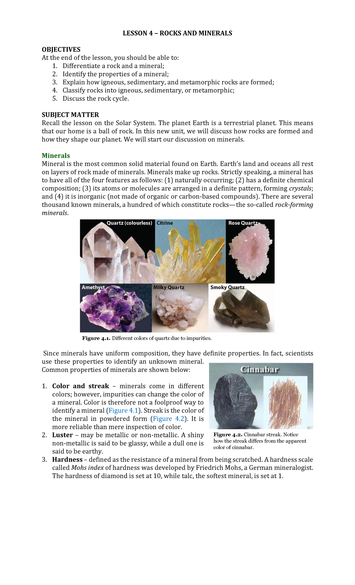 Lesson 4 - Rocks and Minerals - LESSON 4 – ROCKS AND MINERALS ...