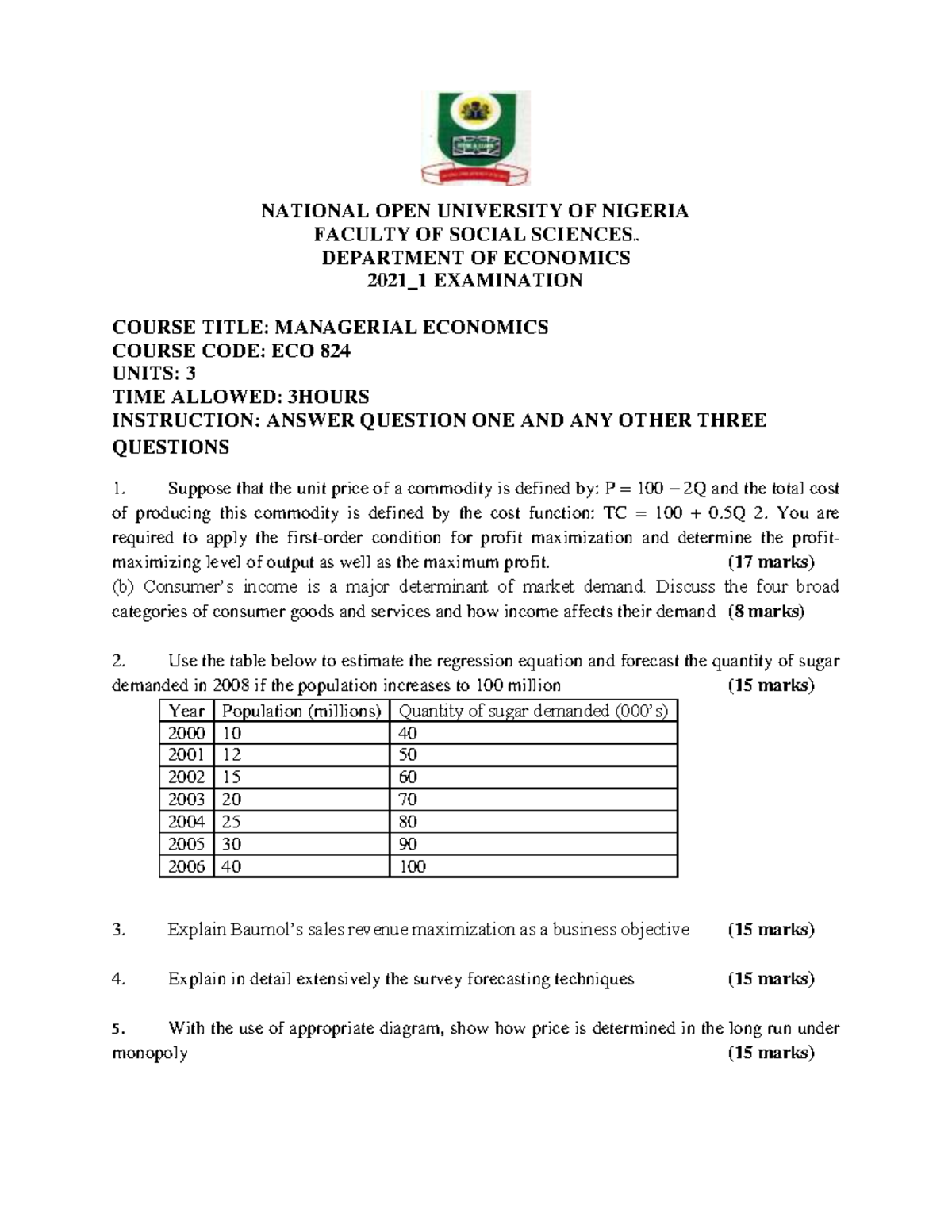 Exam Past Questions - NATIONAL OPEN UNIVERSITY OF NIGERIA FACULTY OF ...