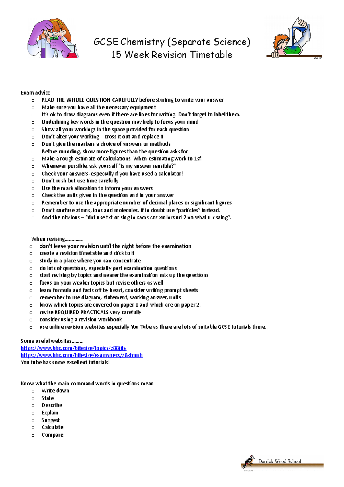 Chemistry Separate Science Revision Plan - 15 Week Revision Timetable ...