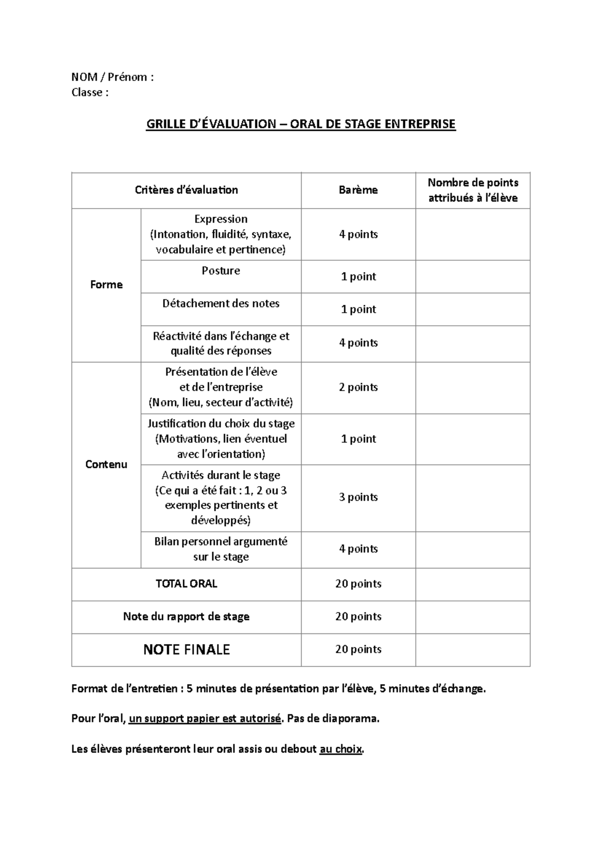 Grille eval oral - NOM / Prénom : Classe : GRILLE D’ÉVALUATION – ORAL ...
