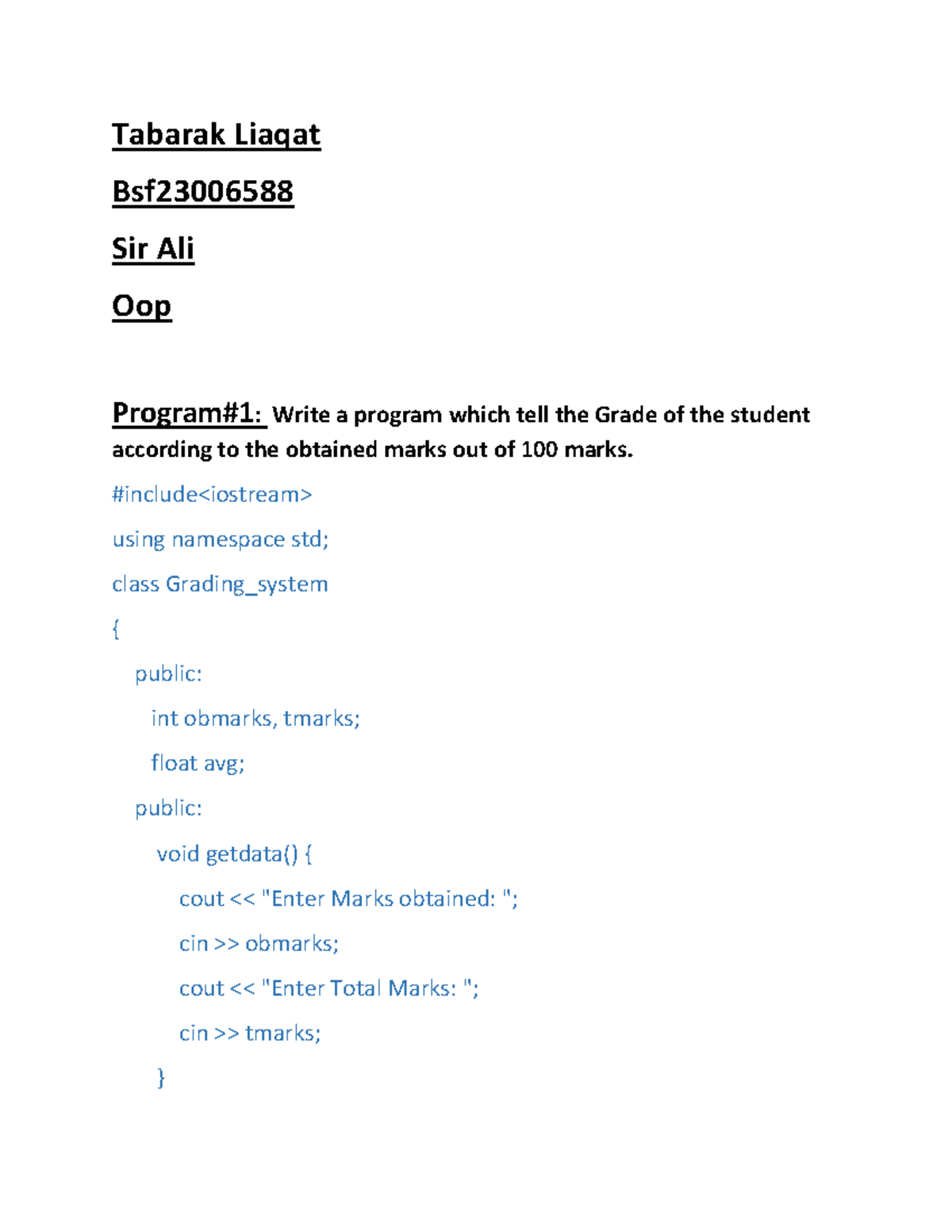 Tabarak Liaqat(bsf23006588)oopscopy - Tabarak Liaqat Bsf Sir Ali Oop Program#1: Write a program ...