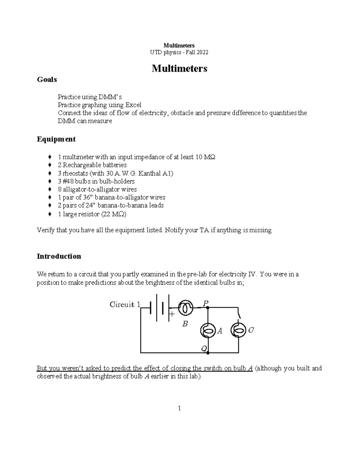 09.0 Multimeters - UTD physics - Fall 2022 Multimeters Goals Practice ...
