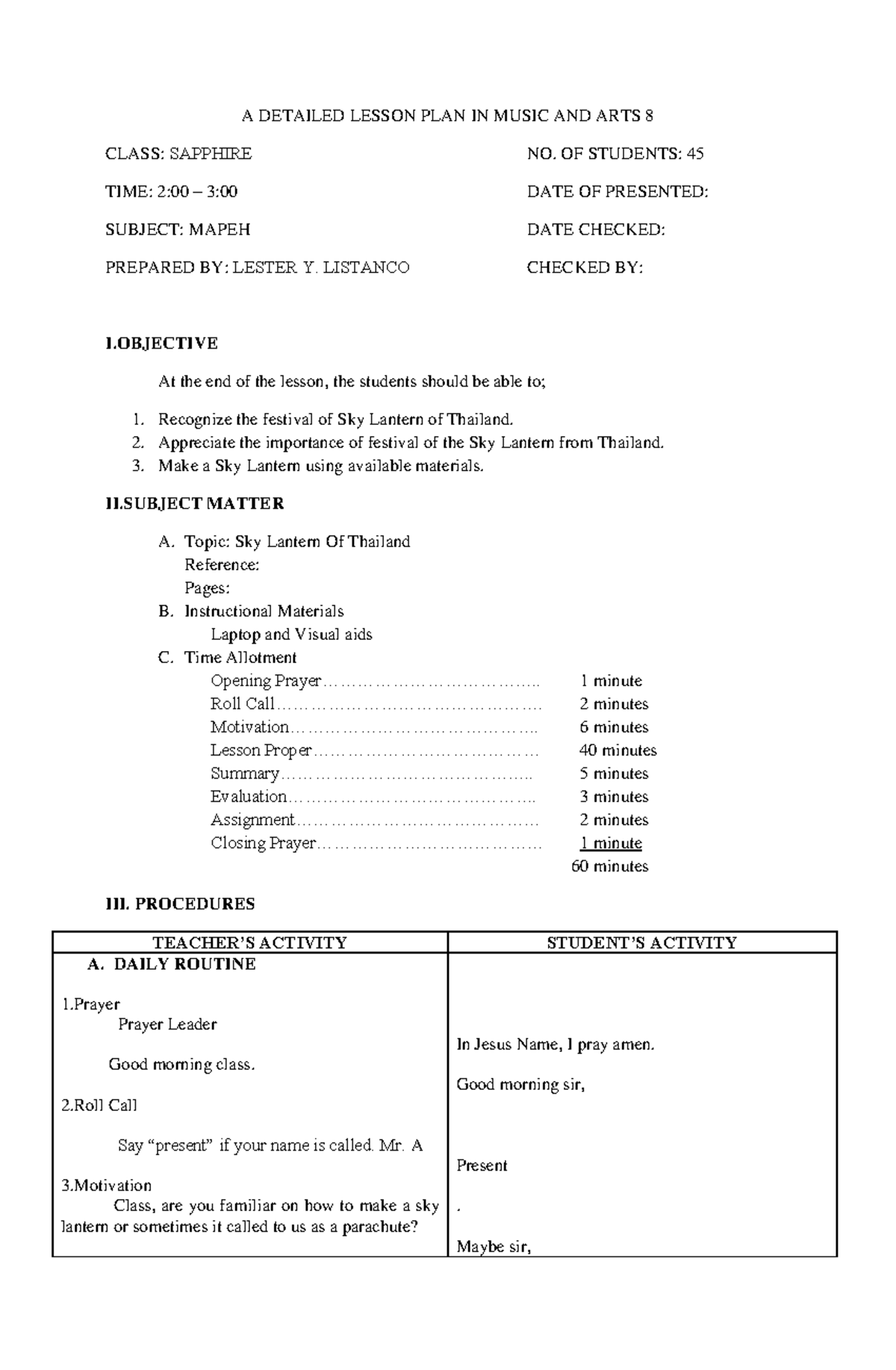 Lesson PLAN Music - n/a - A DETAILED LESSON PLAN IN MUSIC AND ARTS 8 NO ...