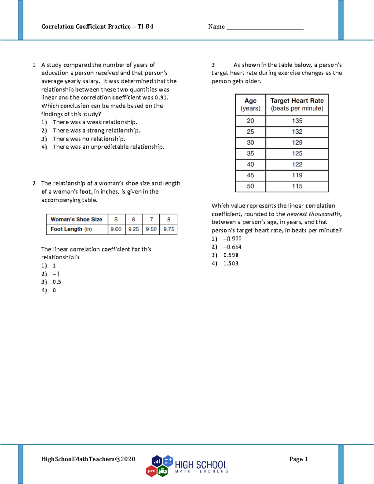 Day 44 Correlation Coefficient Practice with a TI84 PDF - 1 A study compared the number of years ...