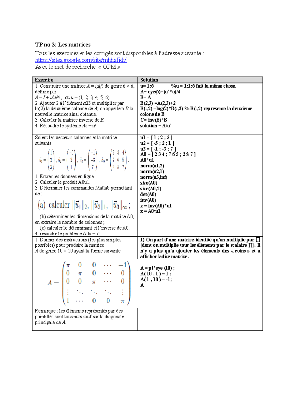 OPM-TP3 - Matlab course for first year. - TP no 3: Les matrices Tous les exercices et les ...