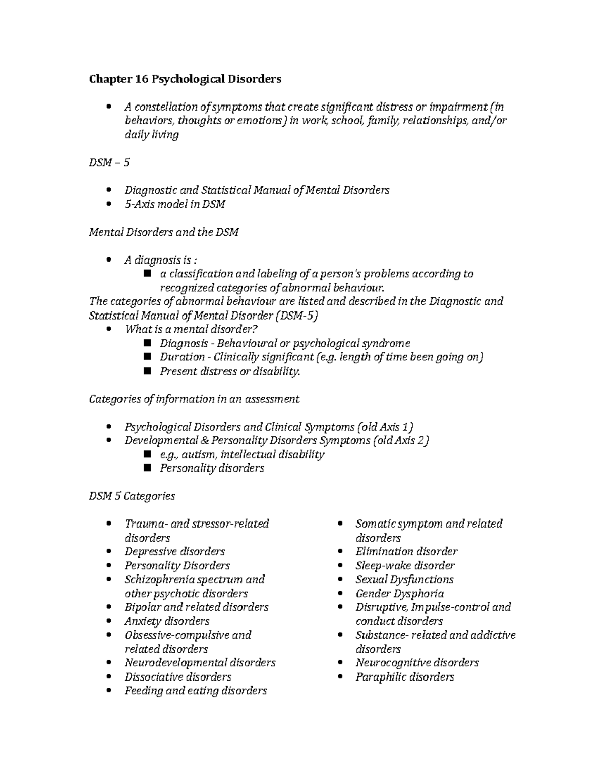 PSYC 102 Ch16 Notes - Chapter 16 Psychological Disorders A ...