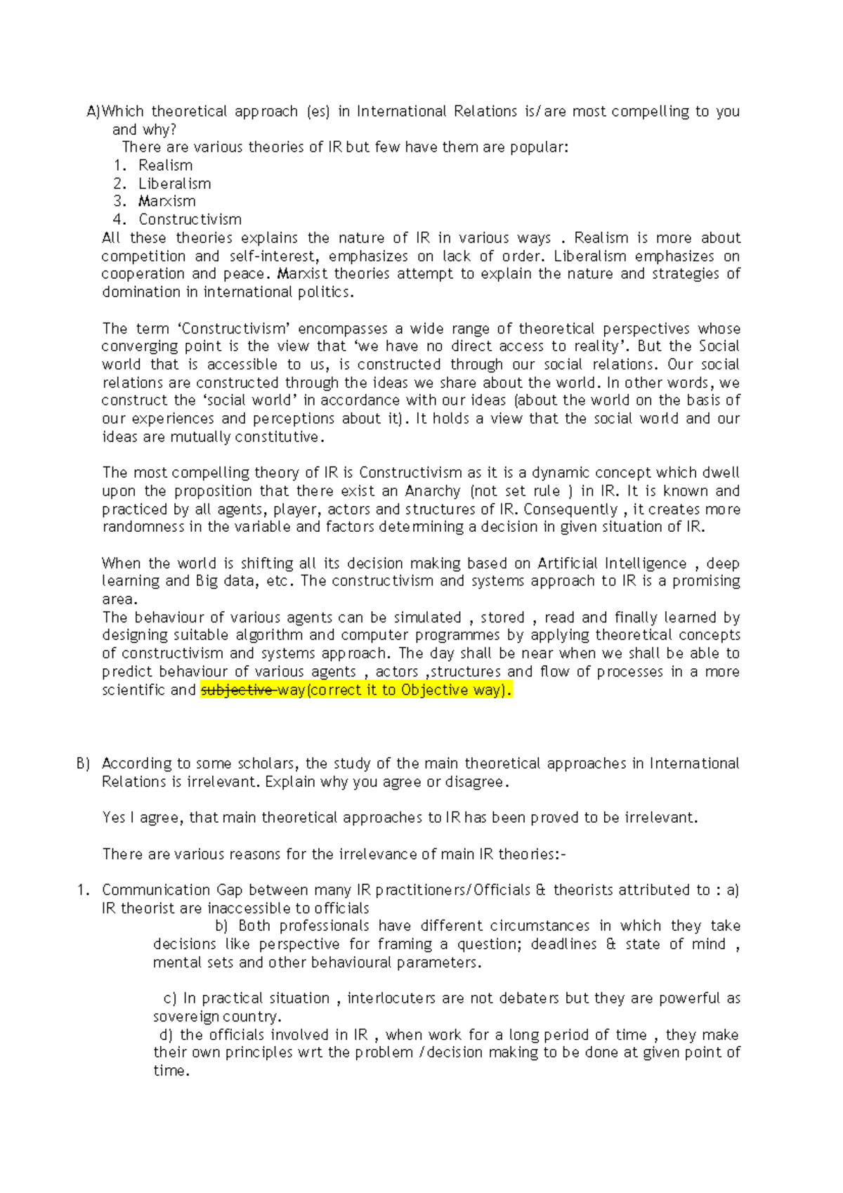 International Relations Topics - A)Which theoretical approach (es) in ...