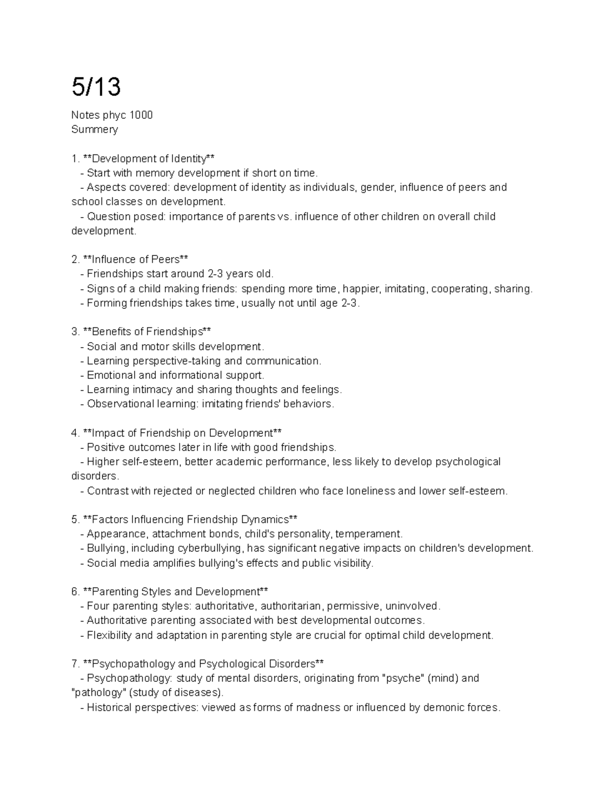 Notes phyc 1000 - Summary Introductory Psychology - 5/ Notes phyc 1000 ...