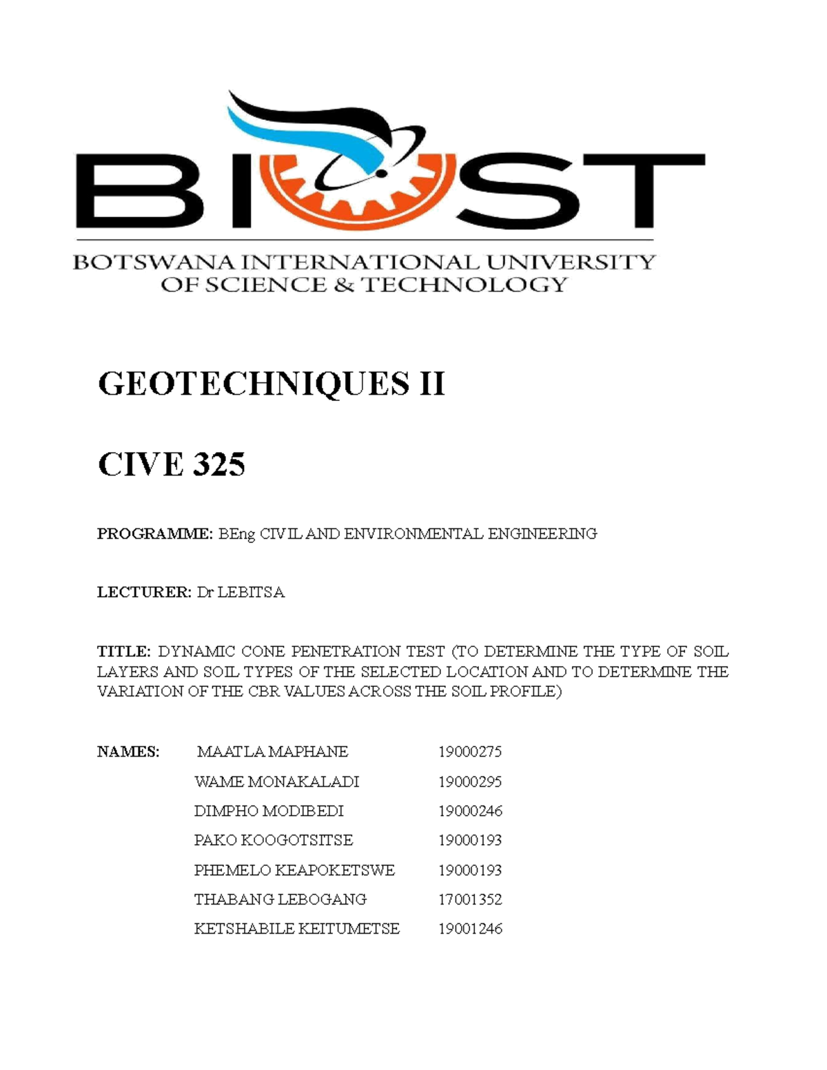 DCPT Lab report - Soil mechanics - GEOTECHNIQUES II CIVE 325 PROGRAMME ...
