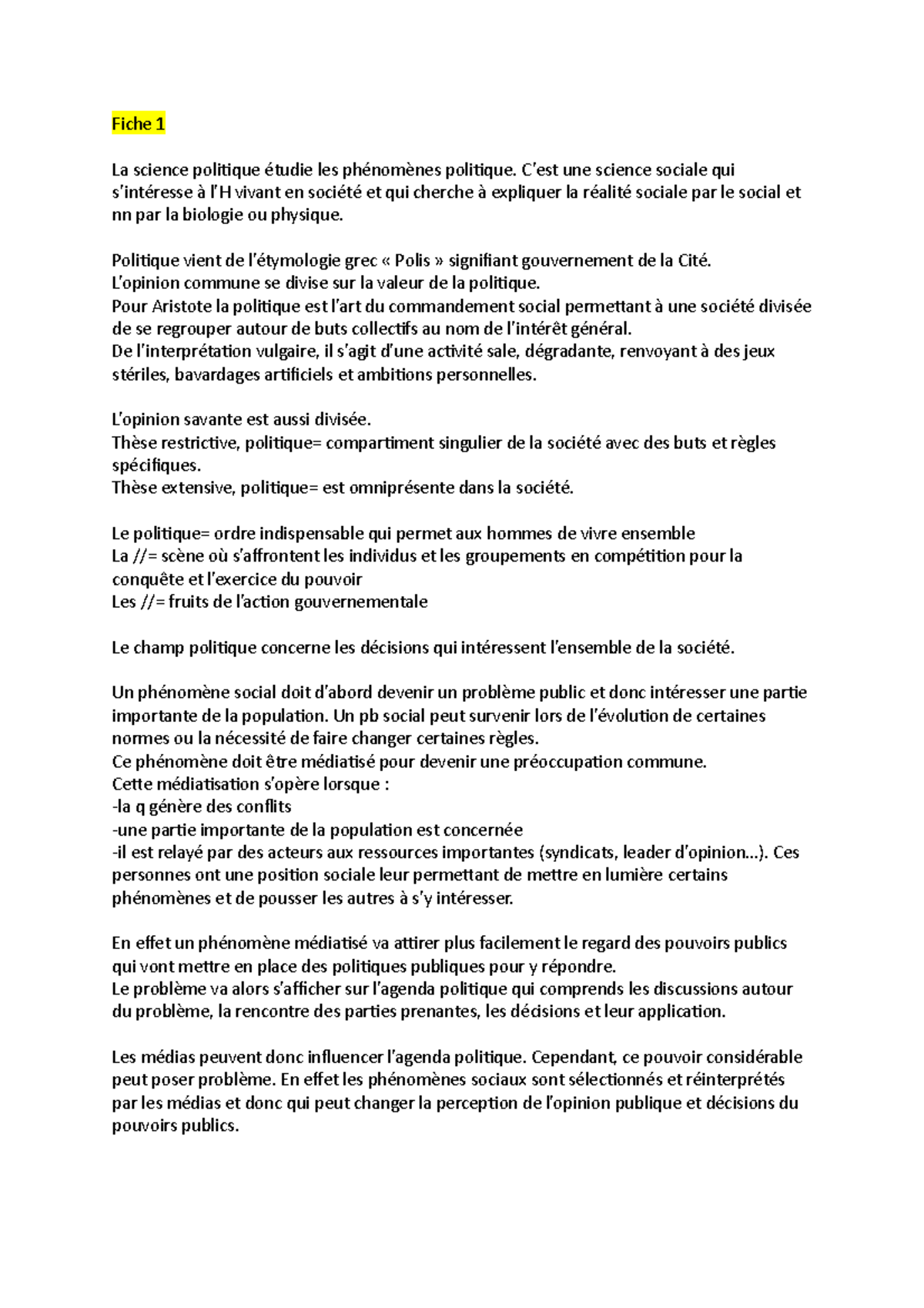 Note fiche science po - Fiche 1 La science politique étudie les ...