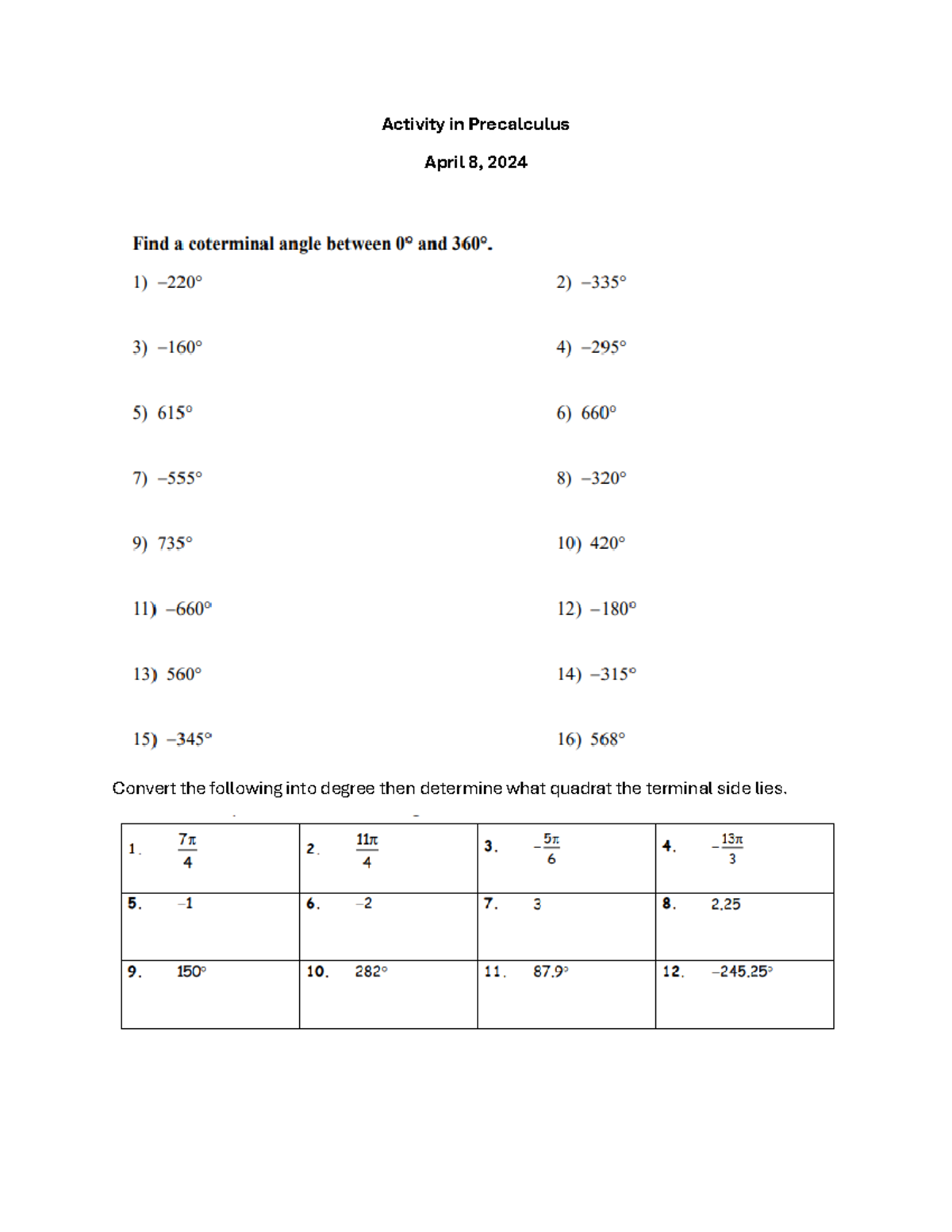 Activity-in-Precalculus - Corporate law - Activity in Precalculus April ...