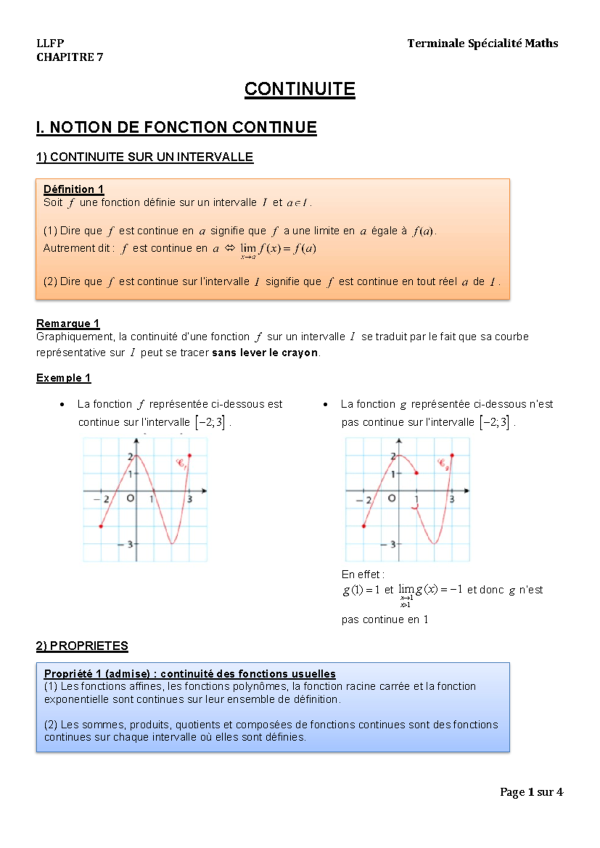 Cours Continuité - Notes - CHAPITRE 7 CONTINUITE I. NOTION DE FONCTION ...