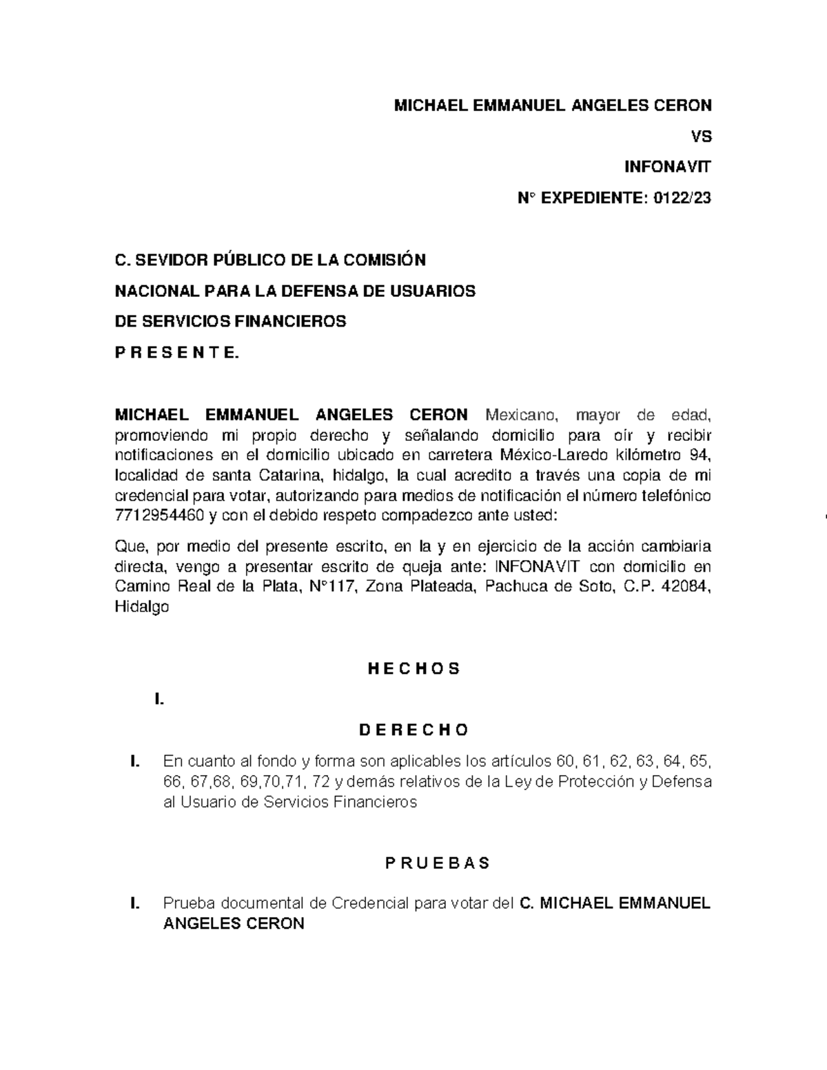 escrito de queja - MICHAEL EMMANUEL ANGELES CERON VS INFONAVIT N ...