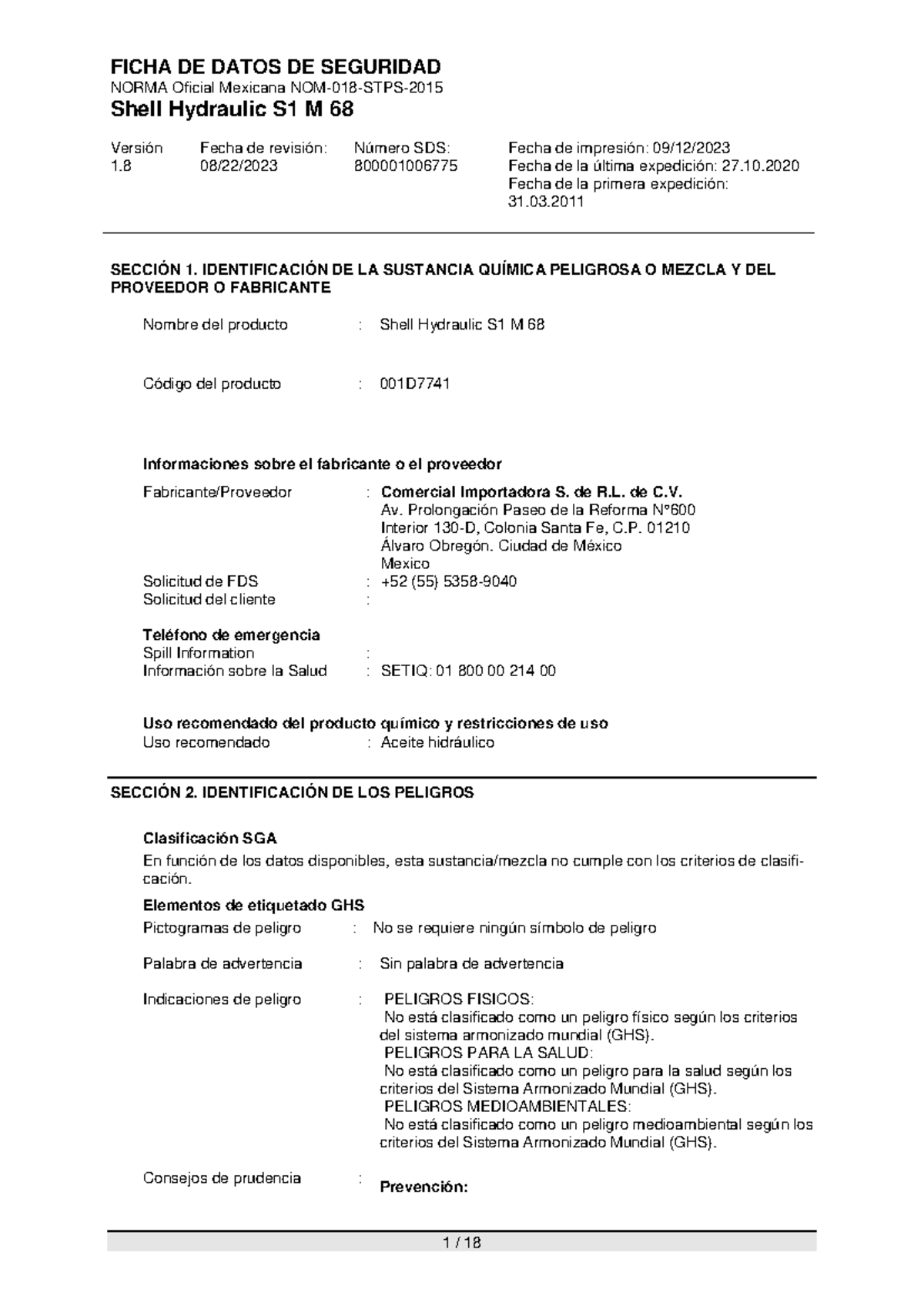 Shell Hydraulic S1 M 68 - GSAP msds 02642844 - NORMA Oficial Mexicana ...