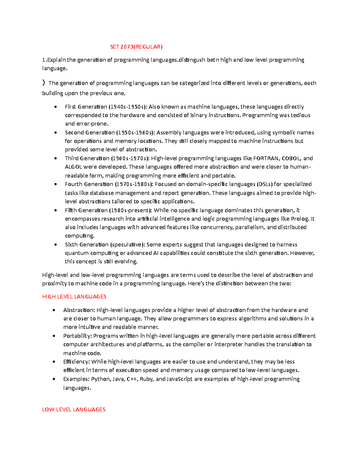 2073-regular - past questions - SET 2073(REGULAR) 1 the generation of programming languages betn ...
