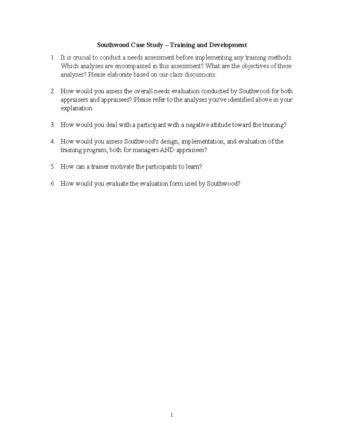 Team-based Case Study Questions - Southwood Case Study – Training and ...