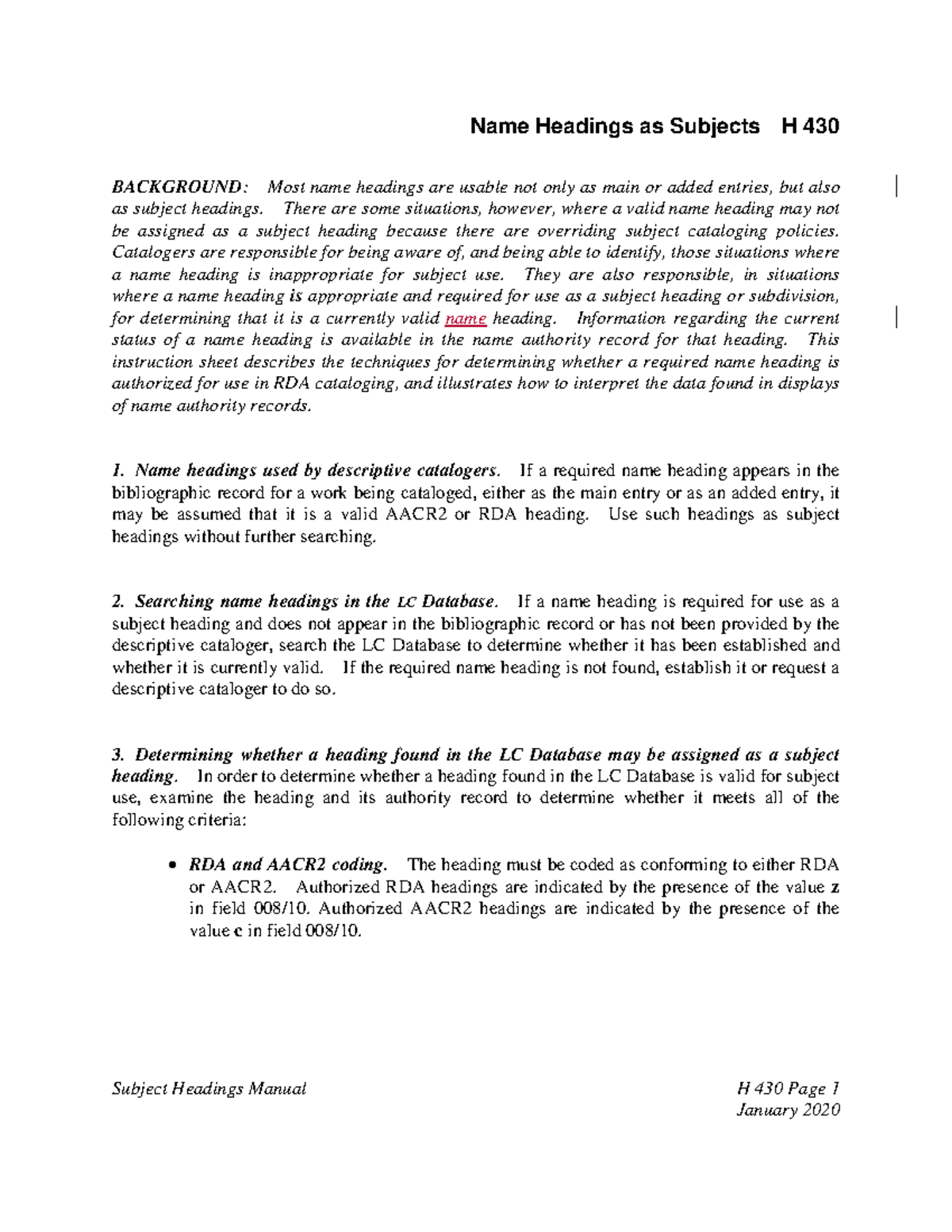 H0430 for short term navigation and imposition - Name Headings as ...