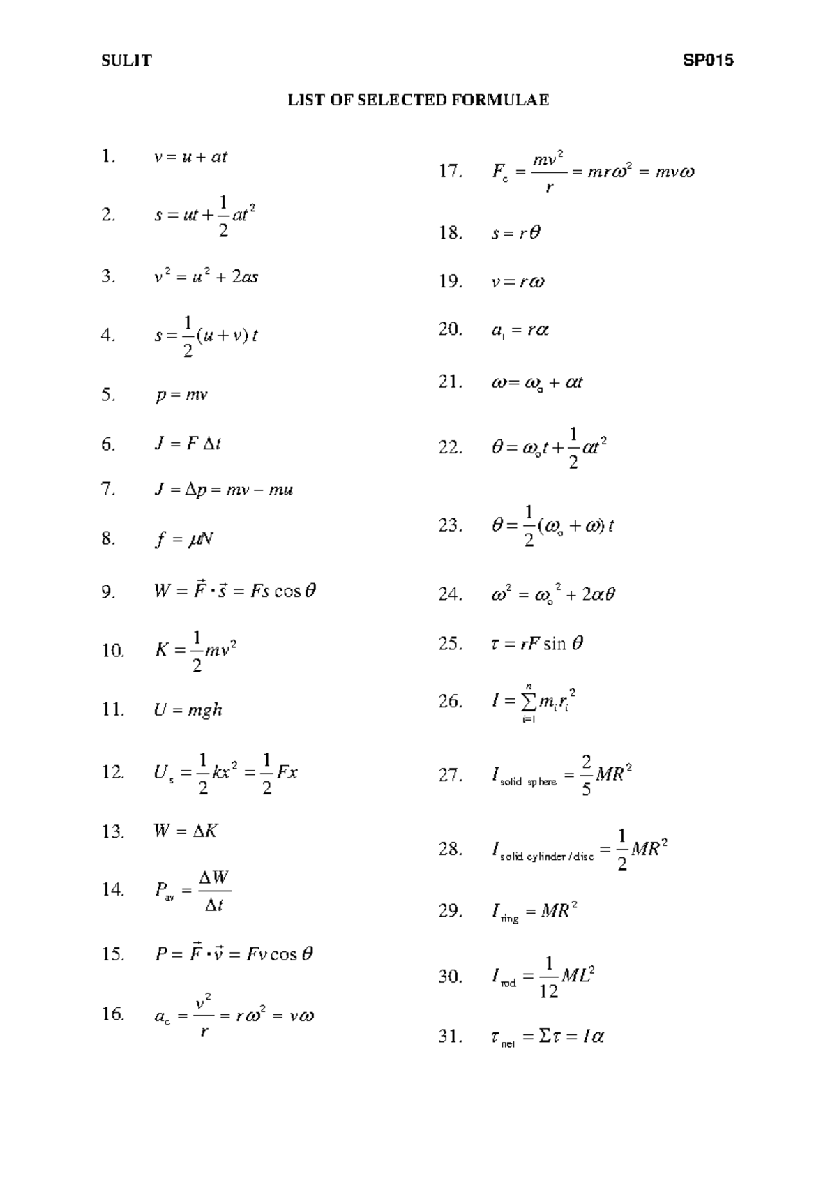 Selected Formula SP015 - SULIT SP LIST OF SELECTED FORMULAE v u at 2. 2 ...