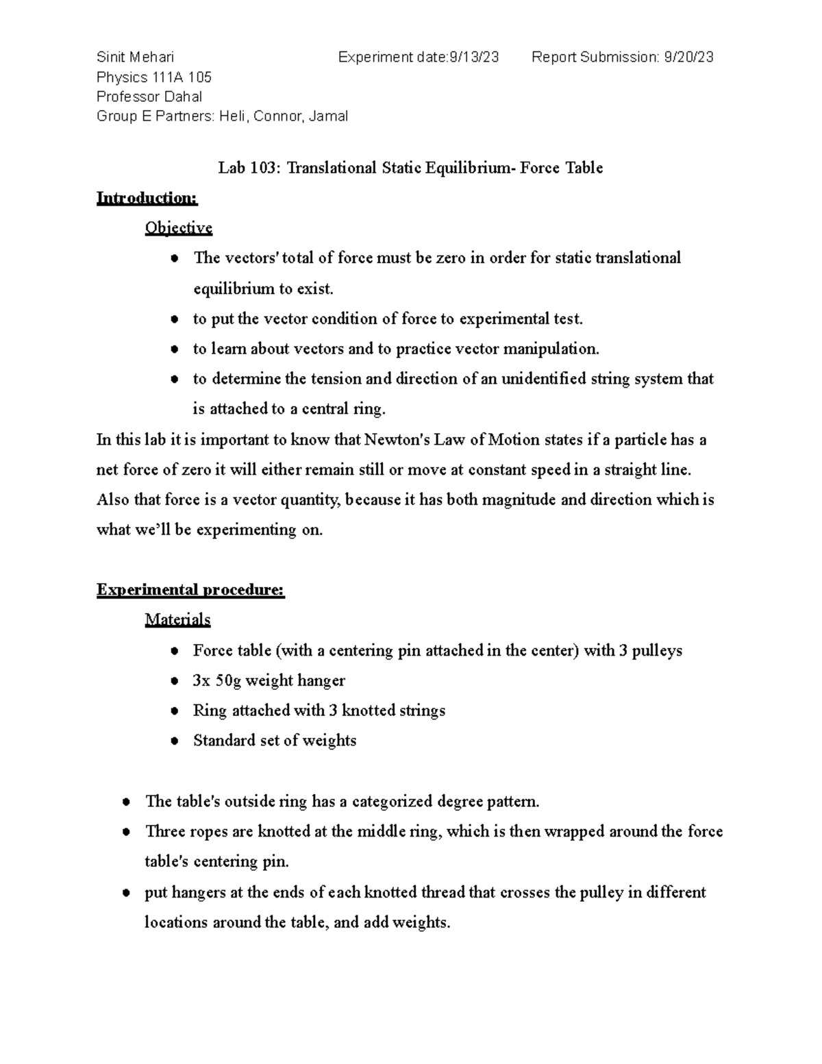 Force Table lab report - Google Docs - Sinit Mehari Experiment date:9/13/23 Report Submission: 9 ...