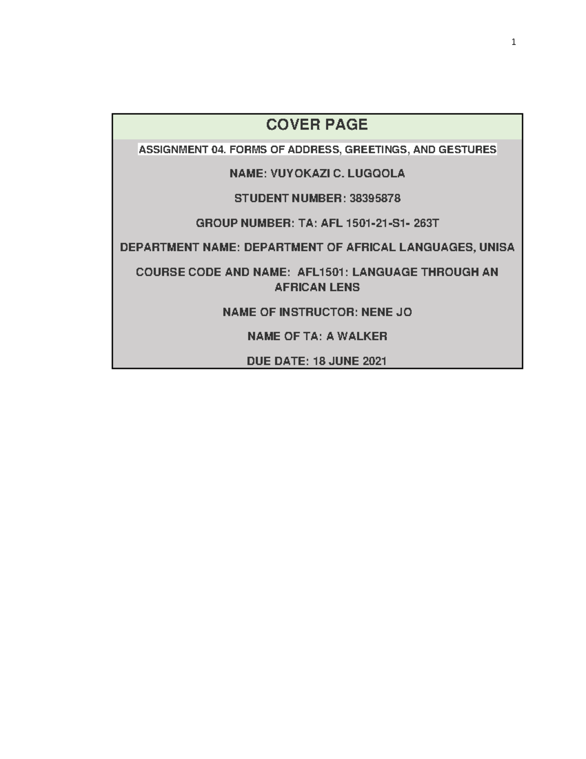 AFL, Assignment 4 (Final) - COVER PAGE ASSIGNMENT 04. FORMS OF ADDRESS ...