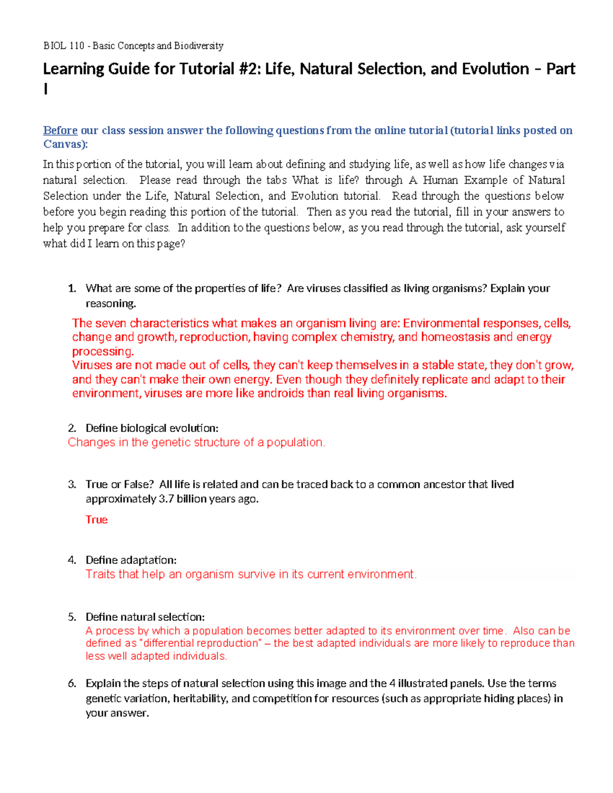 BIOL 110 Learning Guide for Tutorial 2 Life and Natural Selection Part ...