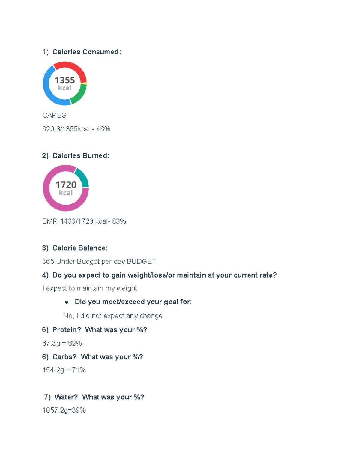 Dietary Analysis - Calories Consumed: CARBS 620/1355kcal - 46% Calories ...