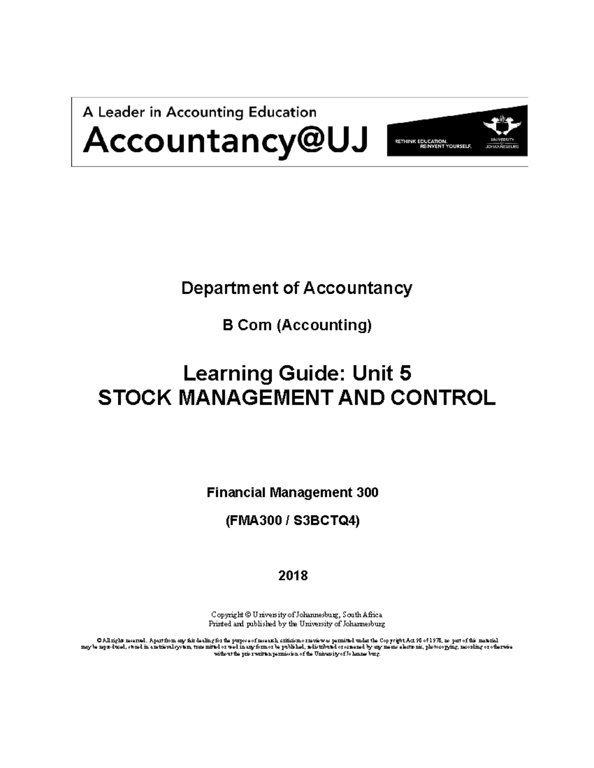 Unit 5 - Module - 2018 - Lecture notes 5 - Department of Accountancy B ...