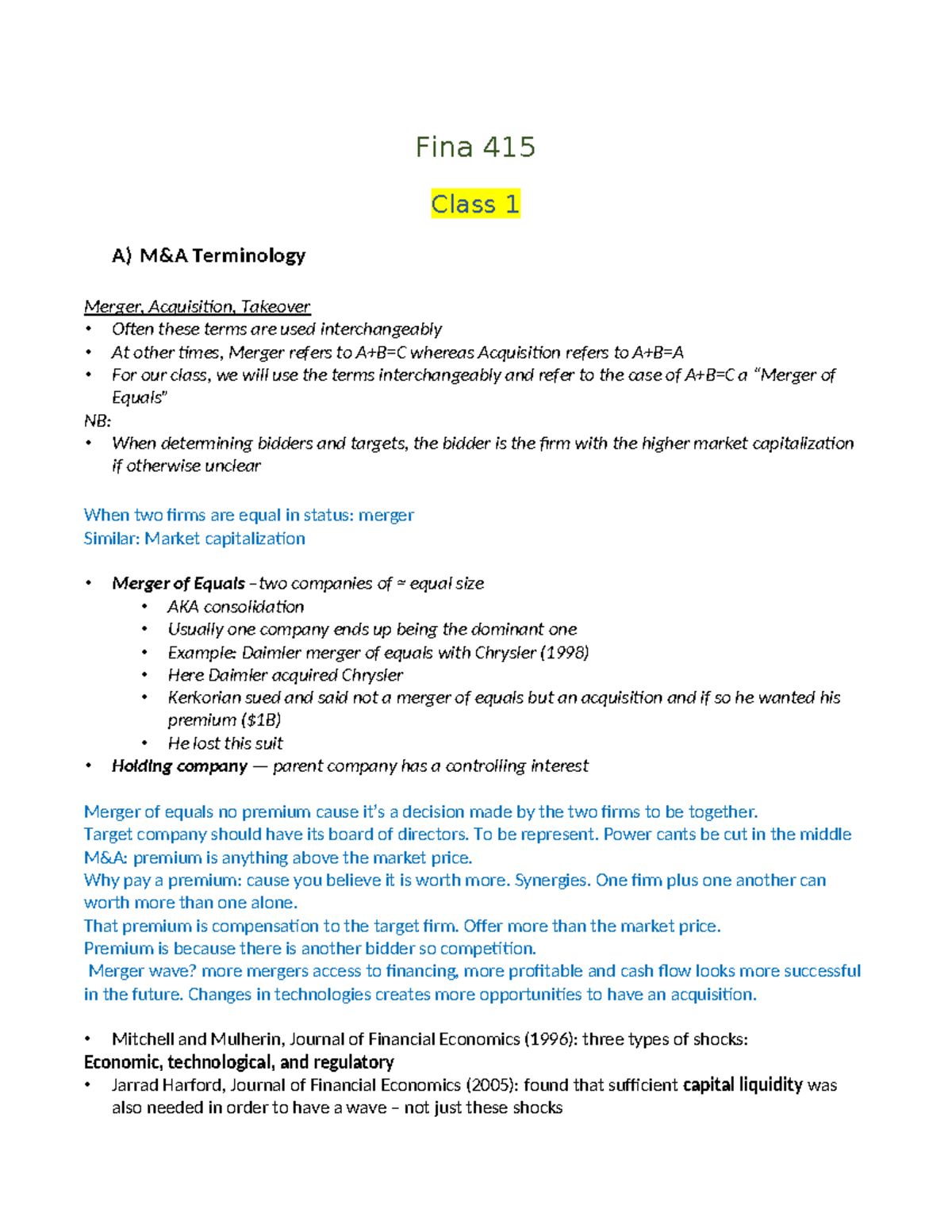 Fina 415 - Midterm Notes - Fina 415 Class 1 A) M&A Terminology Merger ...