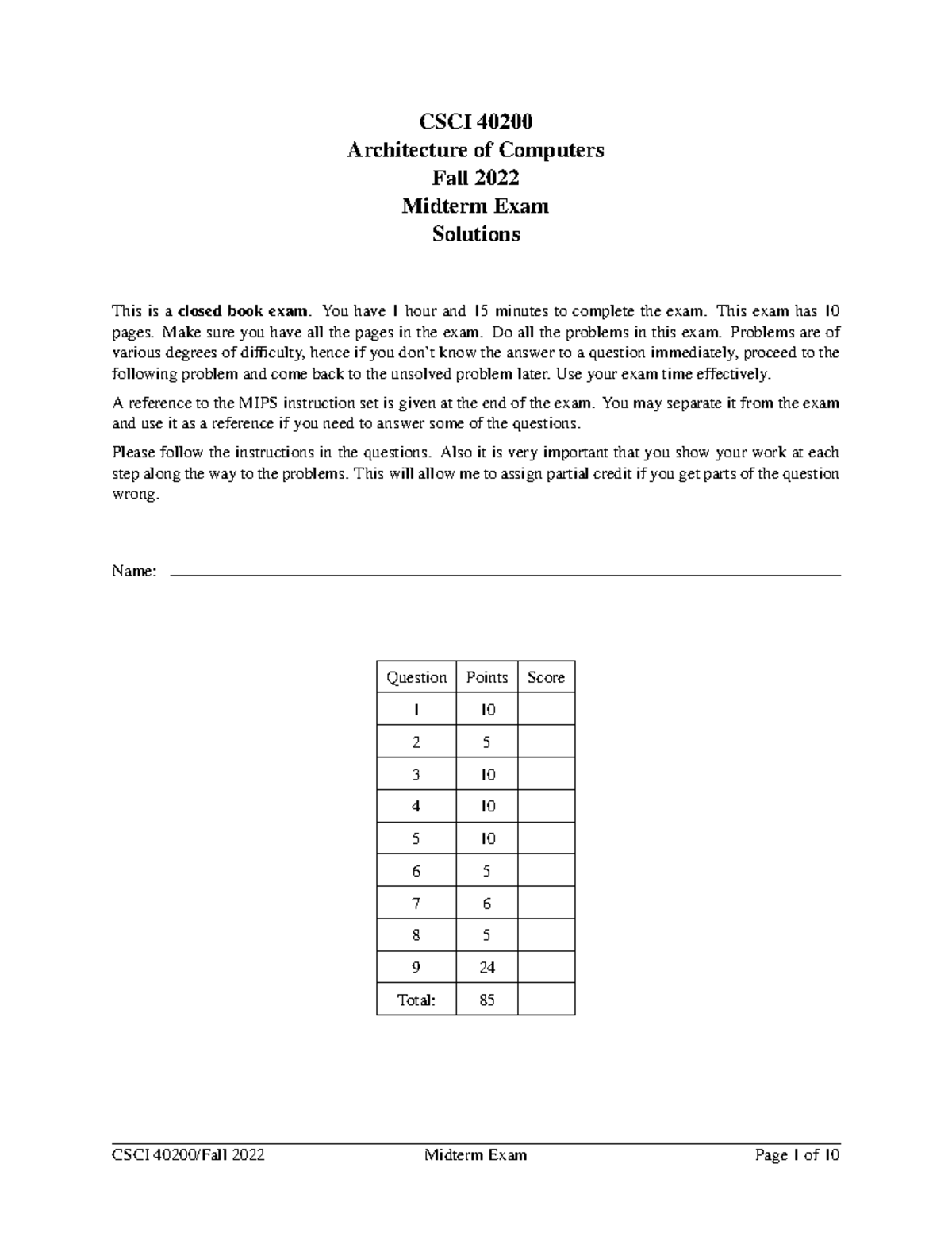 Midterm exam f22 solution - CSCI 40200 Architecture of Computers Fall ...