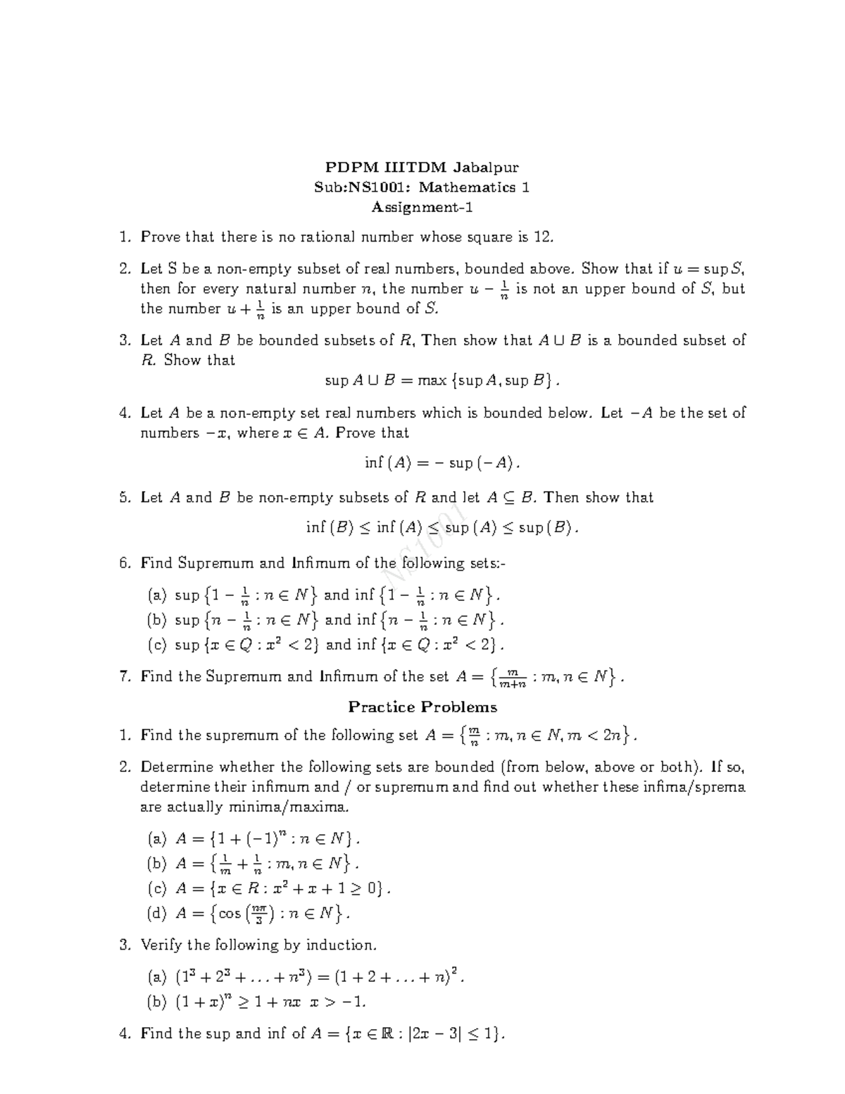 Assignment 1 - NS PDPM IIITDM Jabalpur Sub:NS1001: Mathematics 1 Assignment- Prove that there is ...