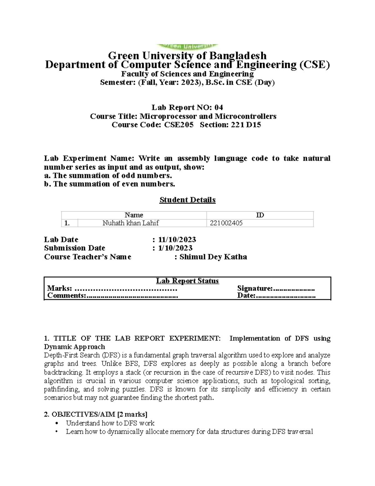 Algorithm lab report-02 - Green University of Bangladesh Department of ...