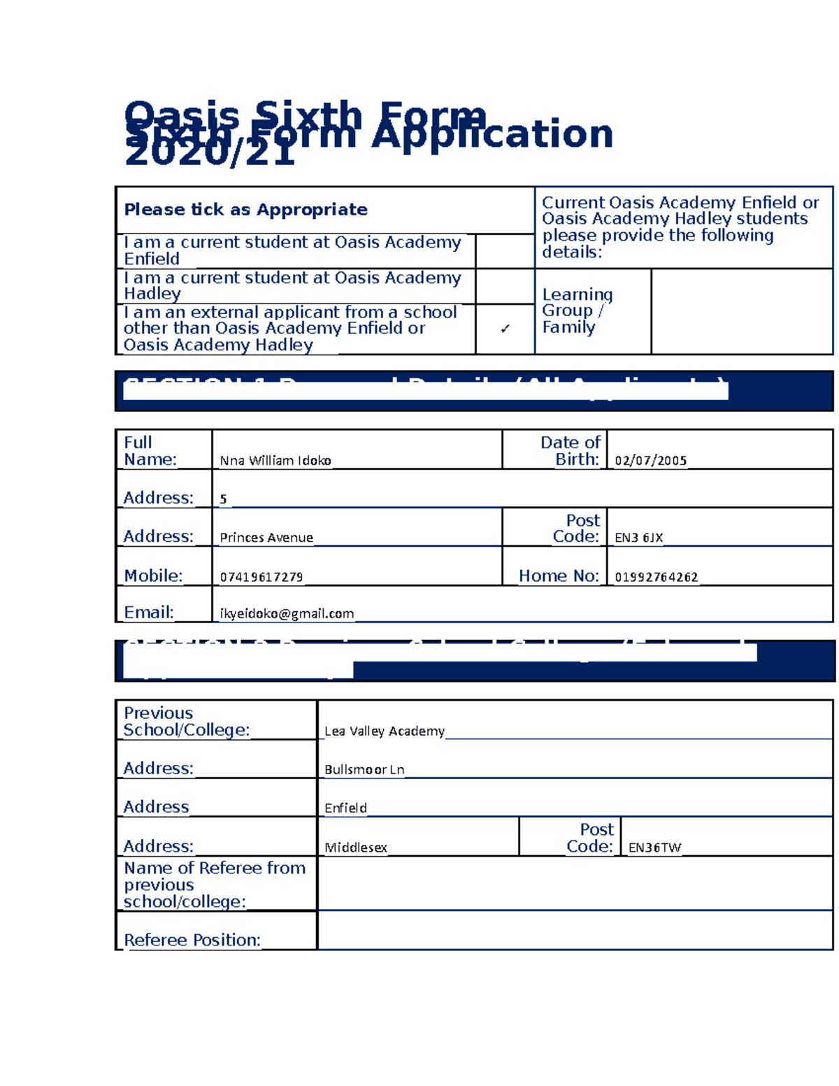 Joint Sixth Form Application - Oasis Sixth Form Sixth Form Application ...