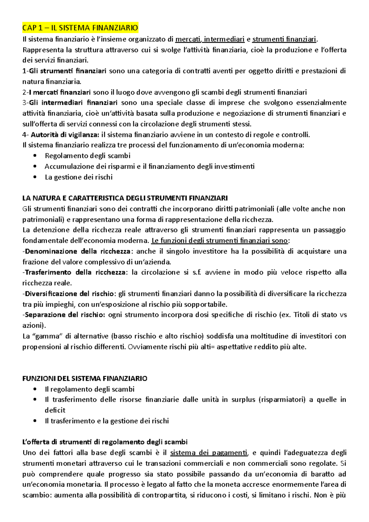 1-Il sistema finanziario - CAP 1 – IL SISTEMA FINANZIARIO Il sistema ...