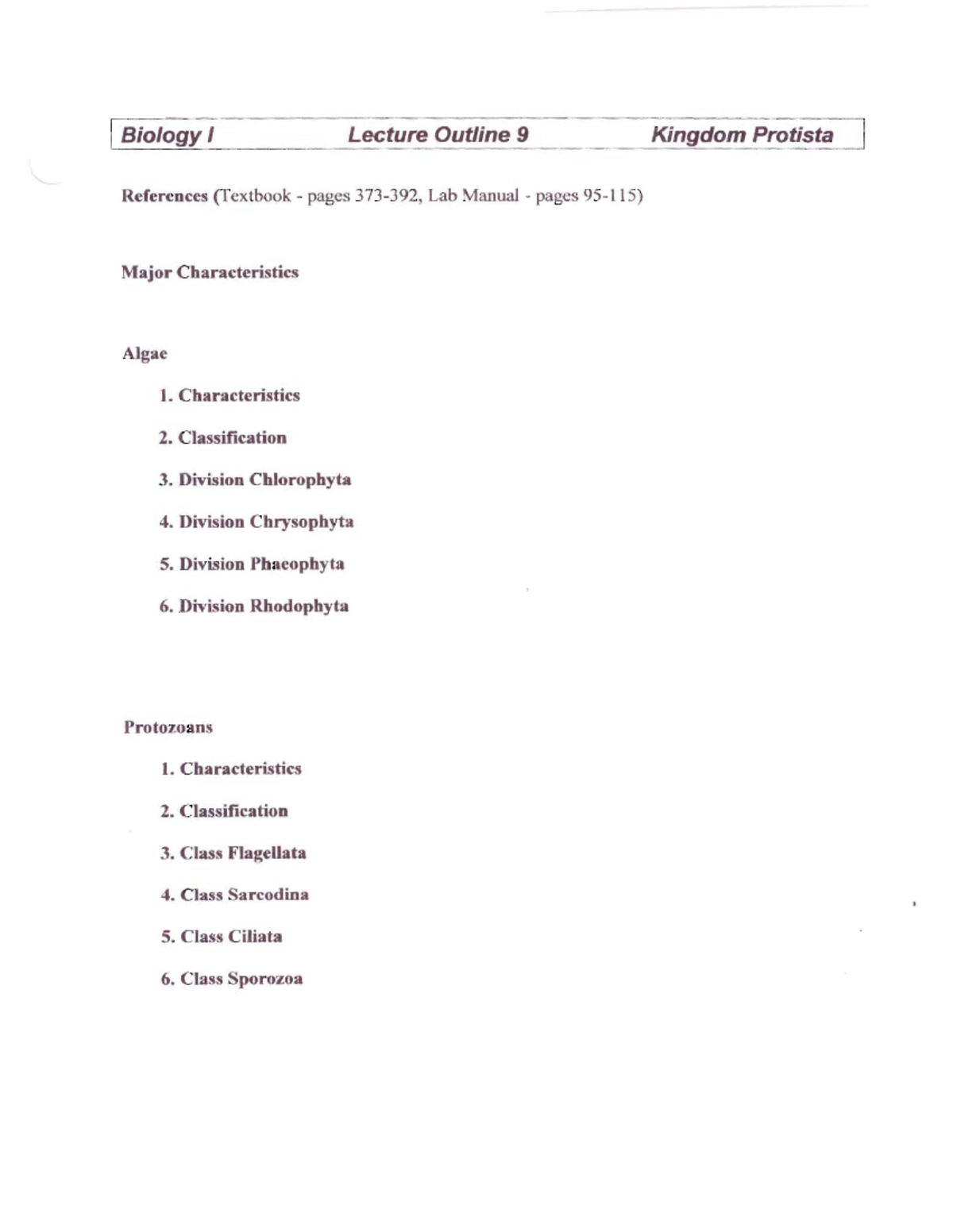 08 Protista - zoology - ####### I Biology I Lecture Outline 9 Kingdom ...