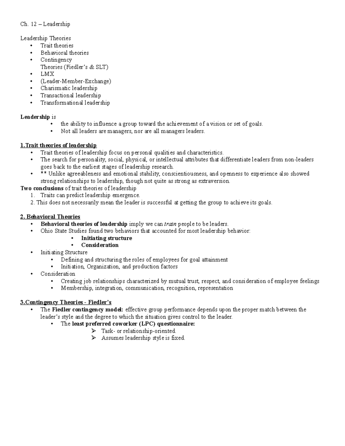 Ch.12 notes - Ch. 12 – Leadership Leadership Theories - Trait theories ...