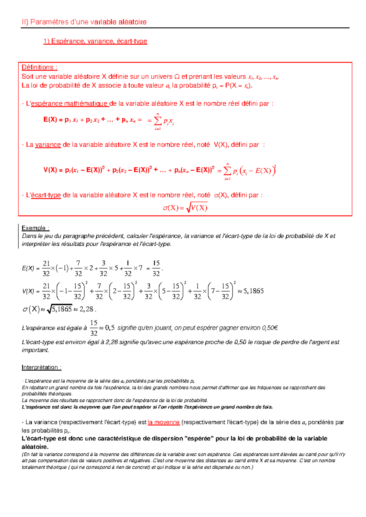 Variable aléatoire cours - II) Paramètres d’une variable aléatoire 1) Espérance, variance, - Studocu