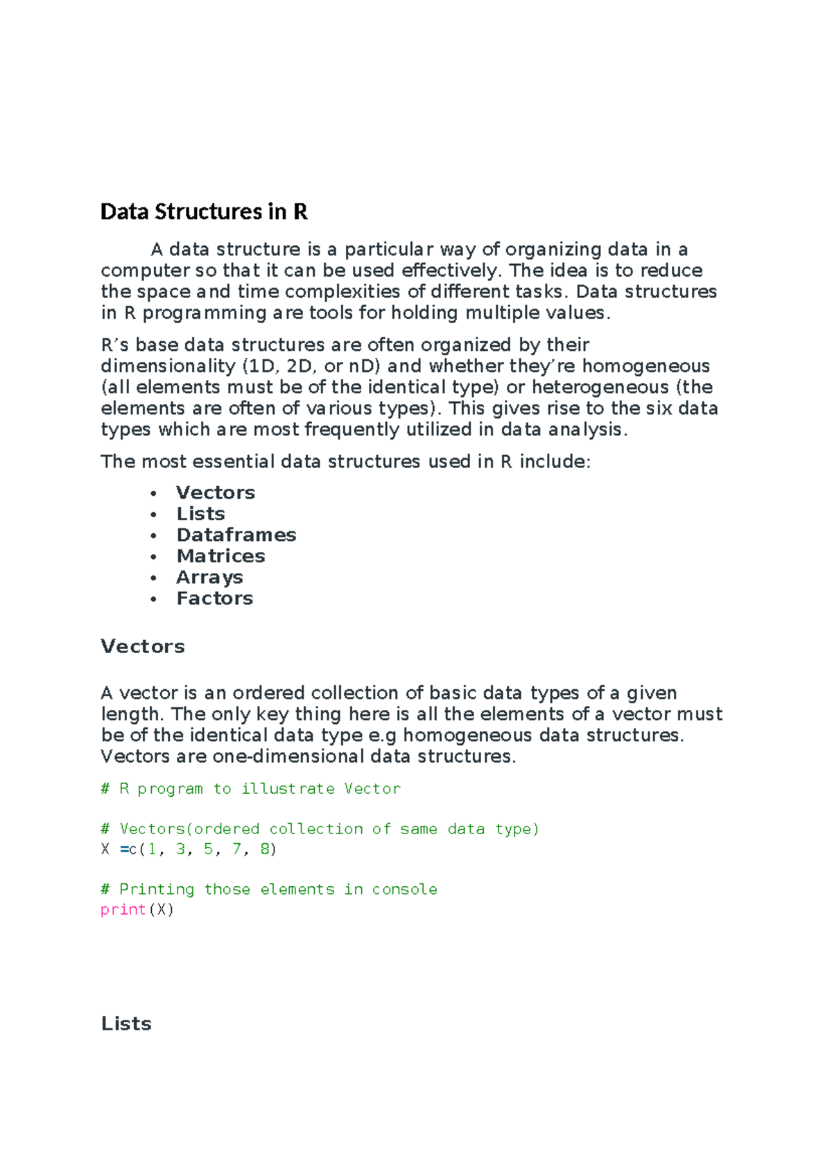 Data Structures in R - good notes - Data Structures in R A data ...