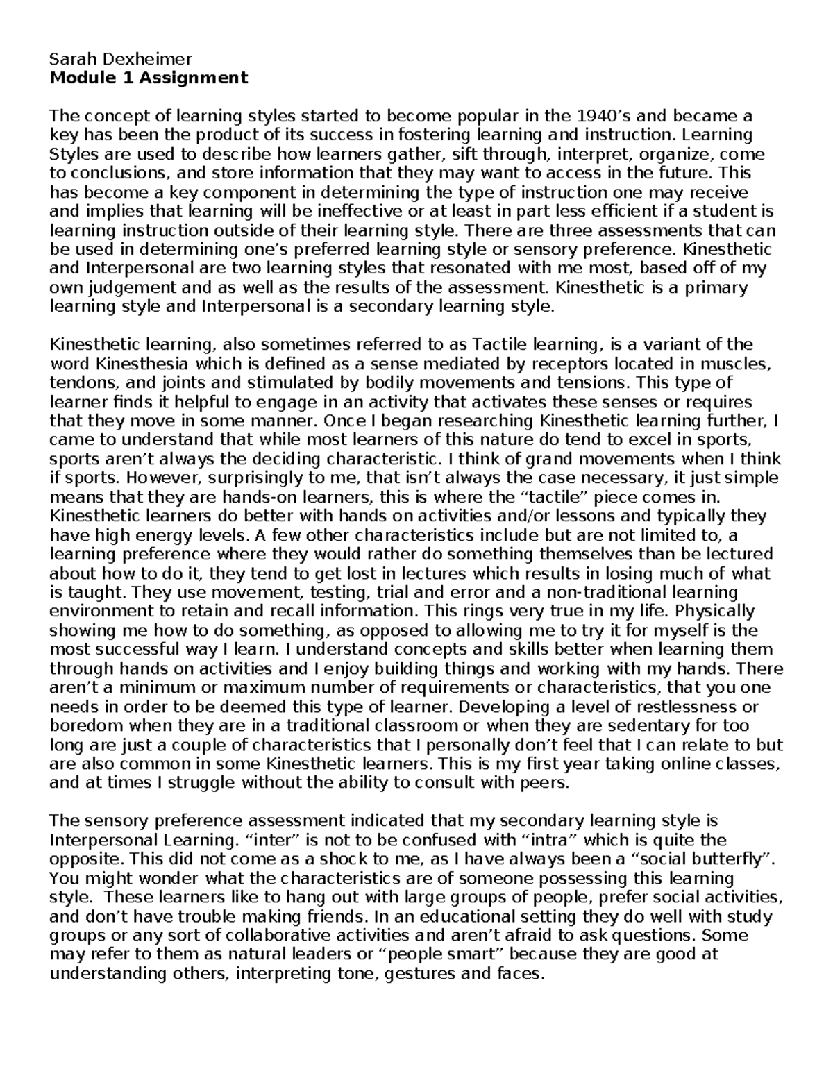 LS Written Assignment 1: Exploring Learning Styles in Module 1 - Sarah ...