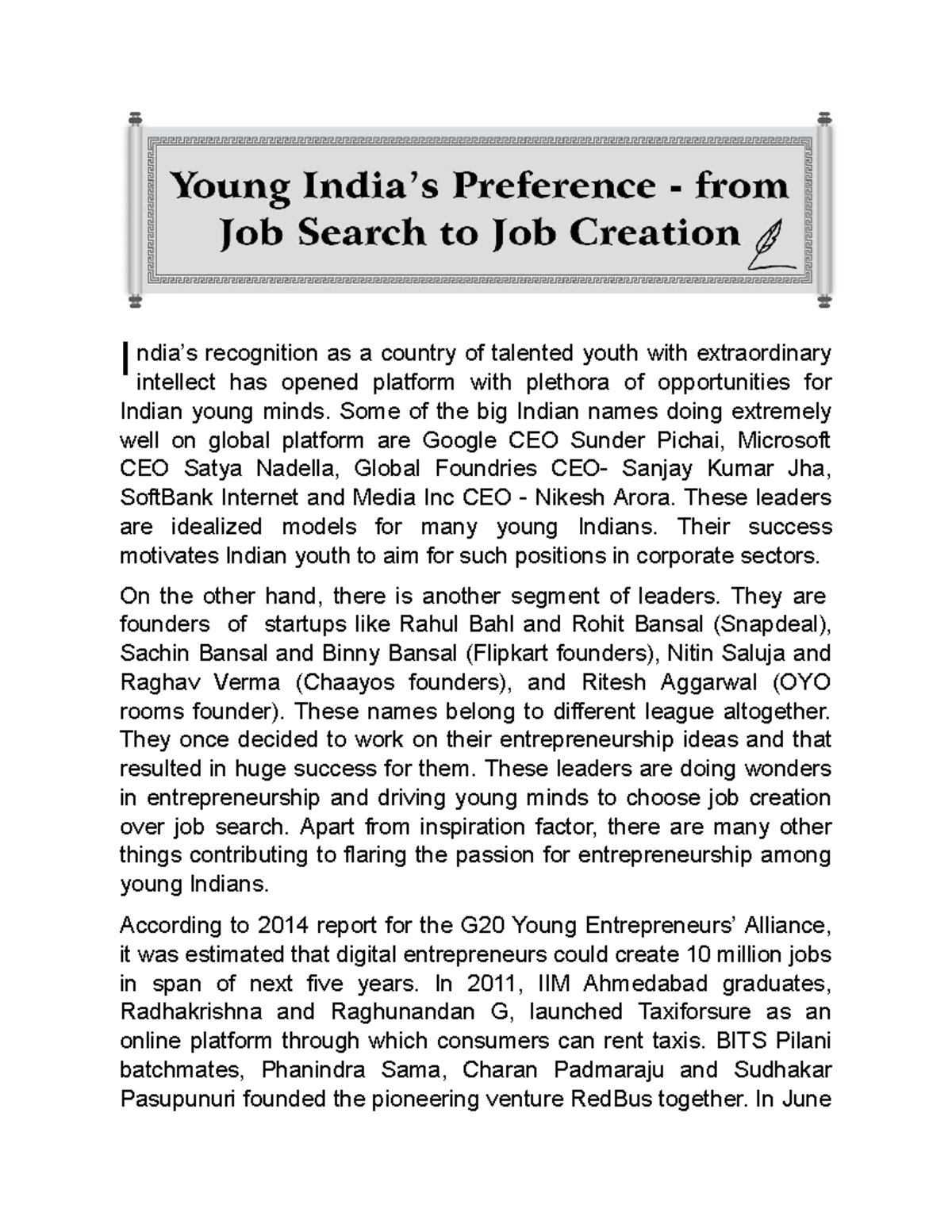 Essay Young India's preference from Job Search to Job Creation - I ndia ...