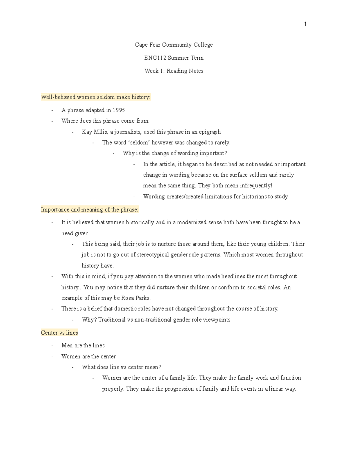 ENG112 - Well Behaved Women - 1 Cape Fear Community College ENG112 ...